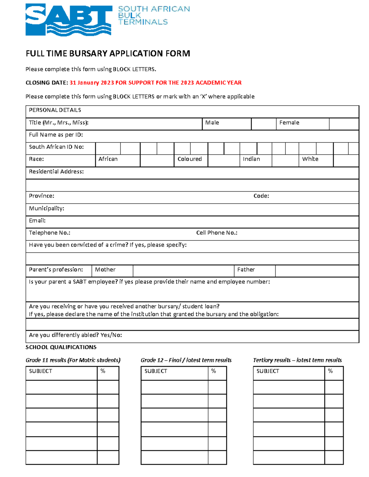 SABT-Bursary-Application-Form-2023 - FULL TIME BURSARY APPLICATION FORM Please complete this ...
