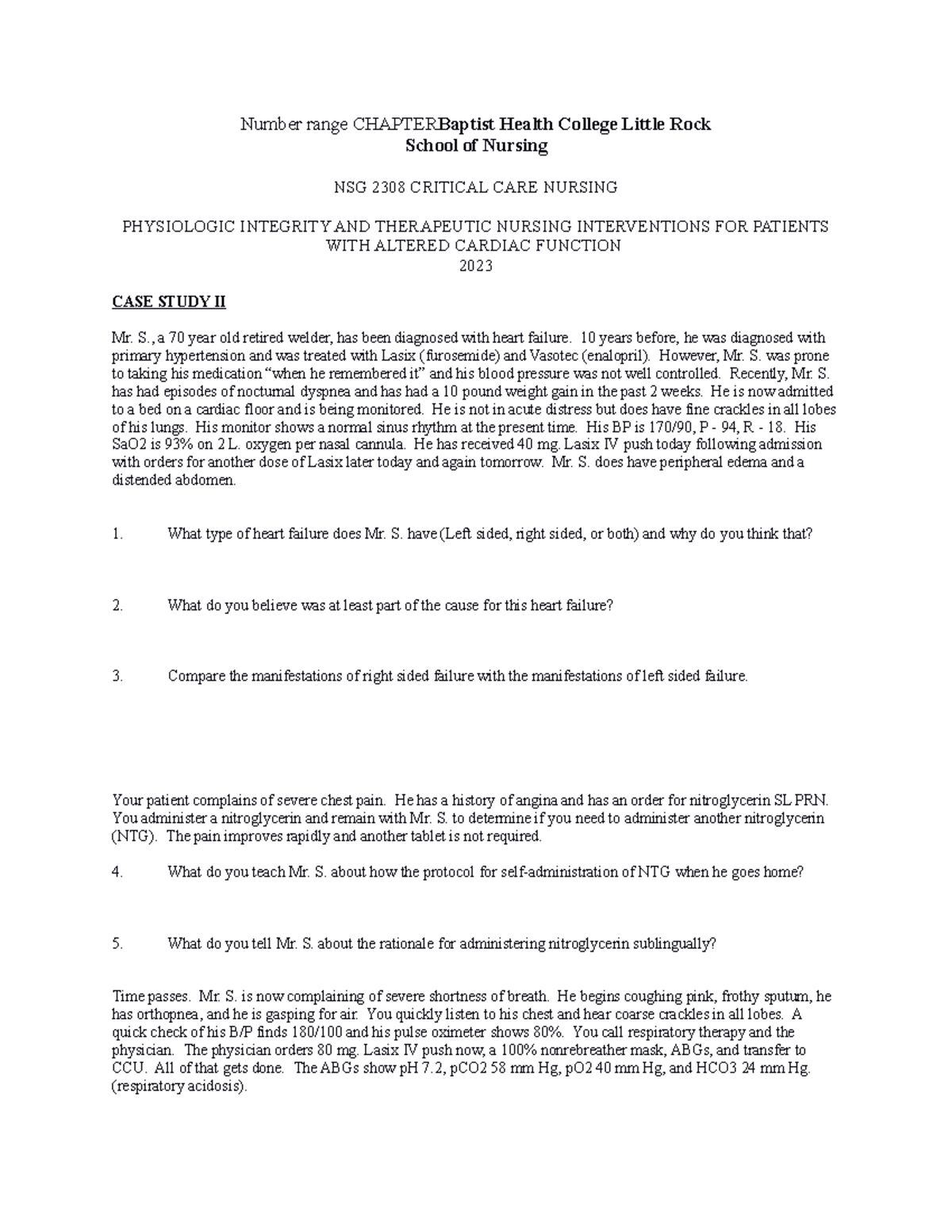 Heart failure case study NSG 2308 - Number range CHAPTERBaptist Health ...