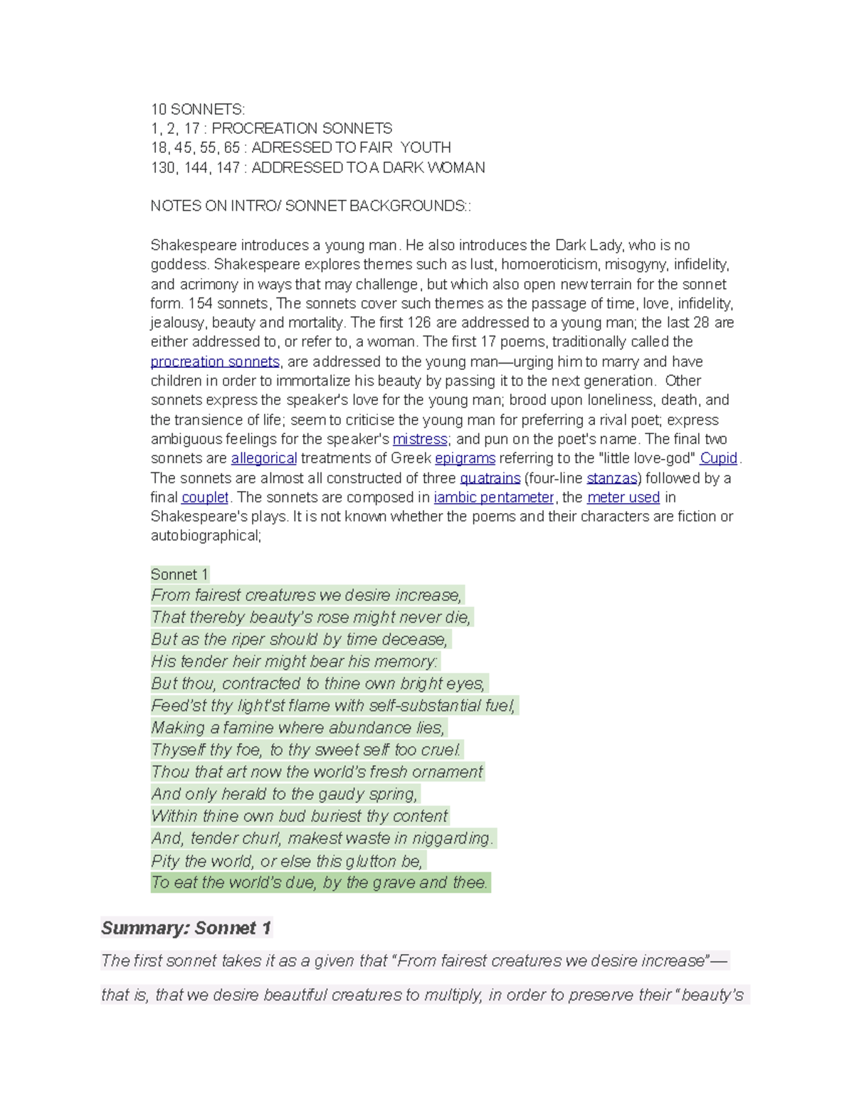 Sonnets Compiled 217 finals - 10 SONNETS: 1, 2, 17 : PROCREATION ...