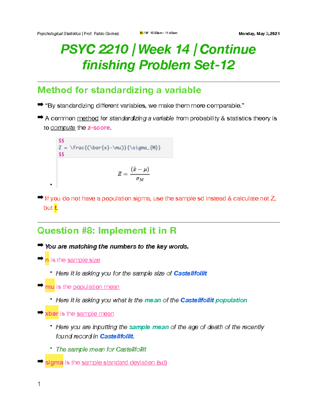 Psyc 2210 Week 14 Monday Lecture Notes Psyc 2210 Week 14 Continue Finishing Problem 