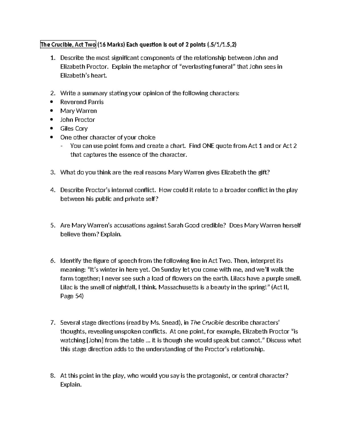 Act 2 The Crucible - AAAAAAAAA - The Crucible, Act Two (16 Marks) Each ...