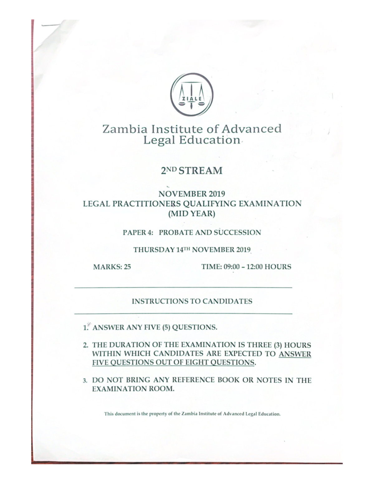 2019 Probate Mids (P - exam - ZIALE Zambia Institute of Advanced Legal ...