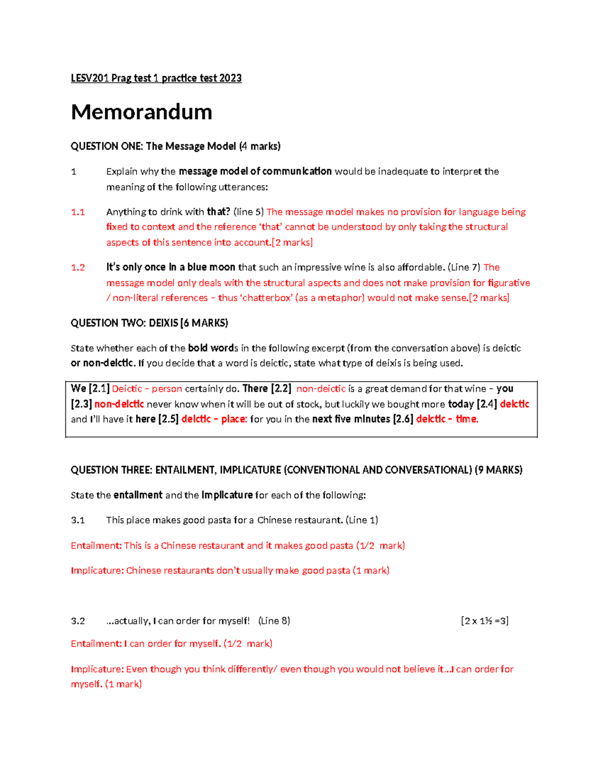 Pragmatics Test 1 practice test 2023 memo - LESV201 Prag test 1 ...