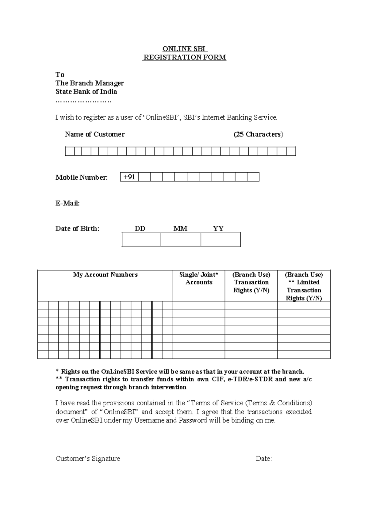 IBReg Form - faf afaf arfwer - ONLINE SBI REGISTRATION FORM To The ...