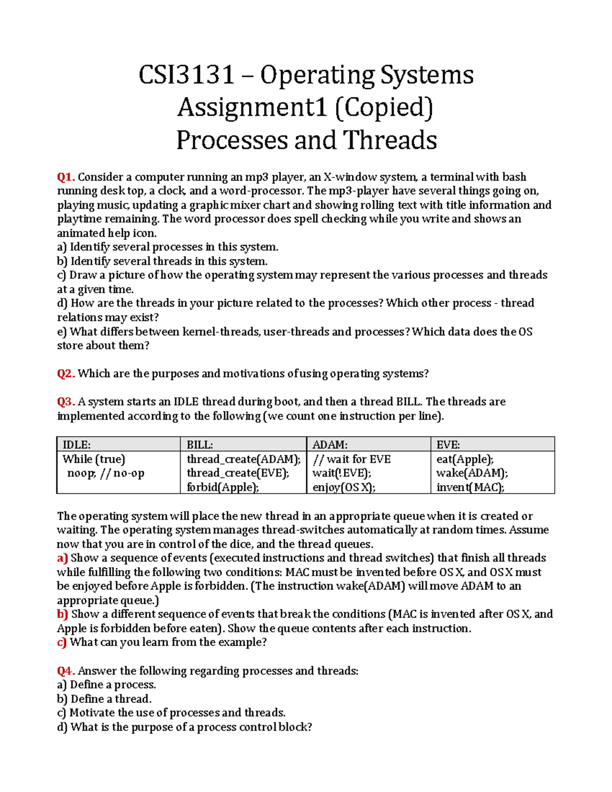 Assignment 1 - CSI3131 – Operating Systems Assignment1 (Copied) Processes and Threads Q1 a ...