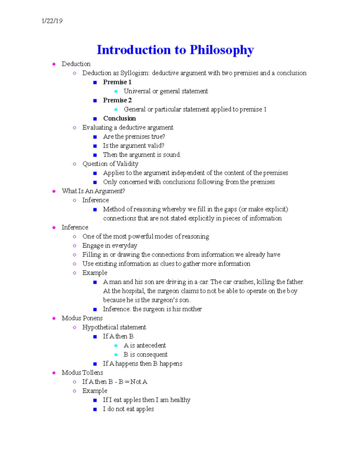 Chapter 1 Introduction to Philosophy - 1/22/19 Introduction to ...