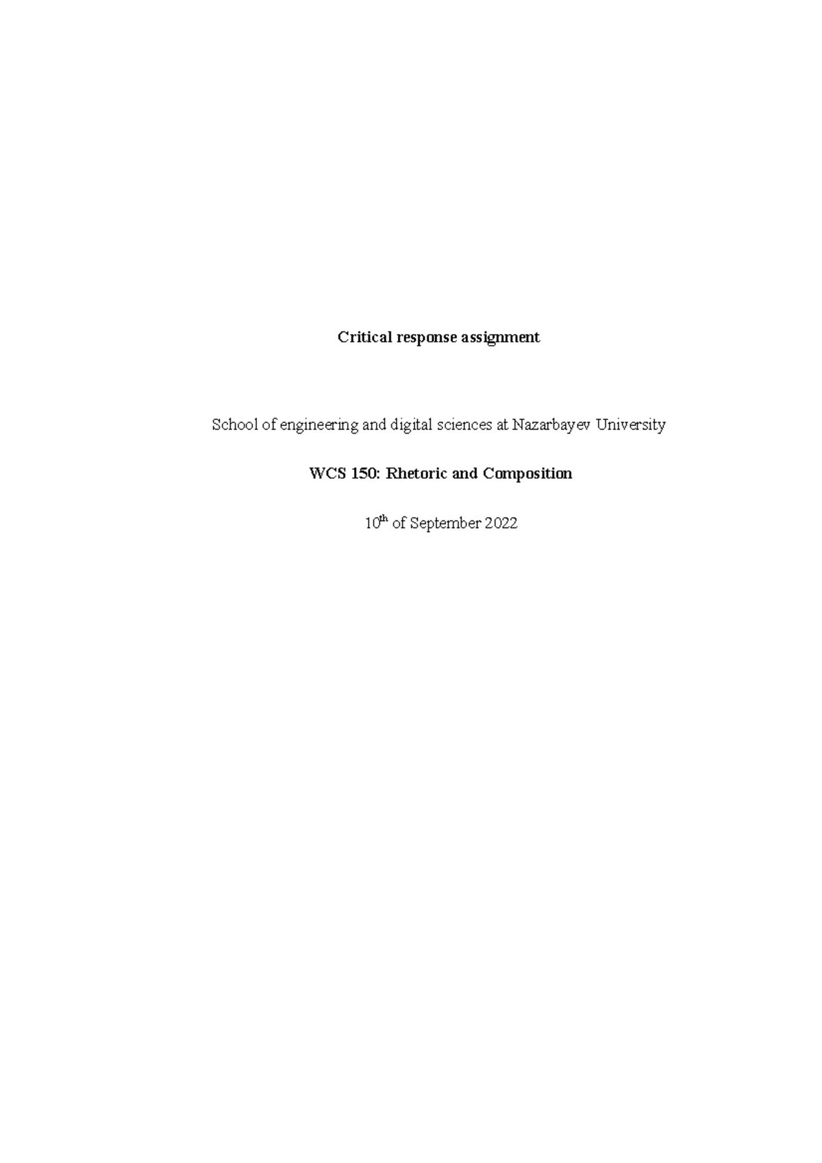 Critical response 2 - 55/100 - Critical response assignment School of ...