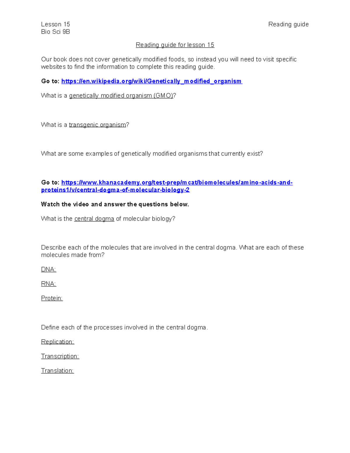 Lesson 15 Reading Guide 2020 - Lesson 15 Reading guide Bio Sci 9B ...
