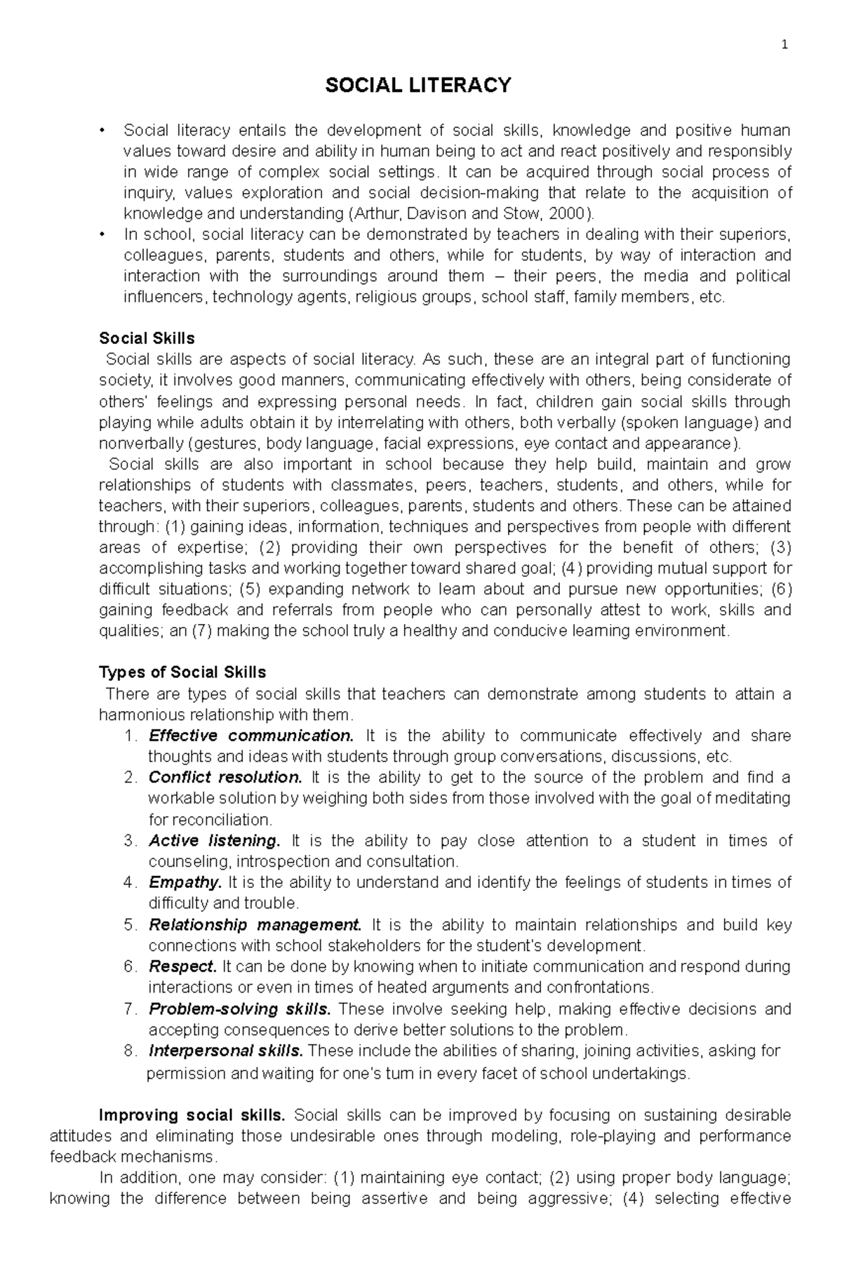 Building and Enhancing New Literacies - SOCIAL LITERACY Social literacy ...