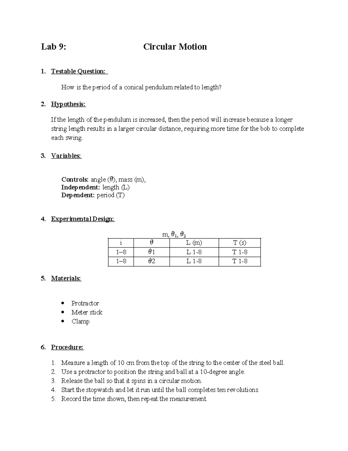 Circular motion lab - Lab 9: Circular Motion Testable Question: How is ...