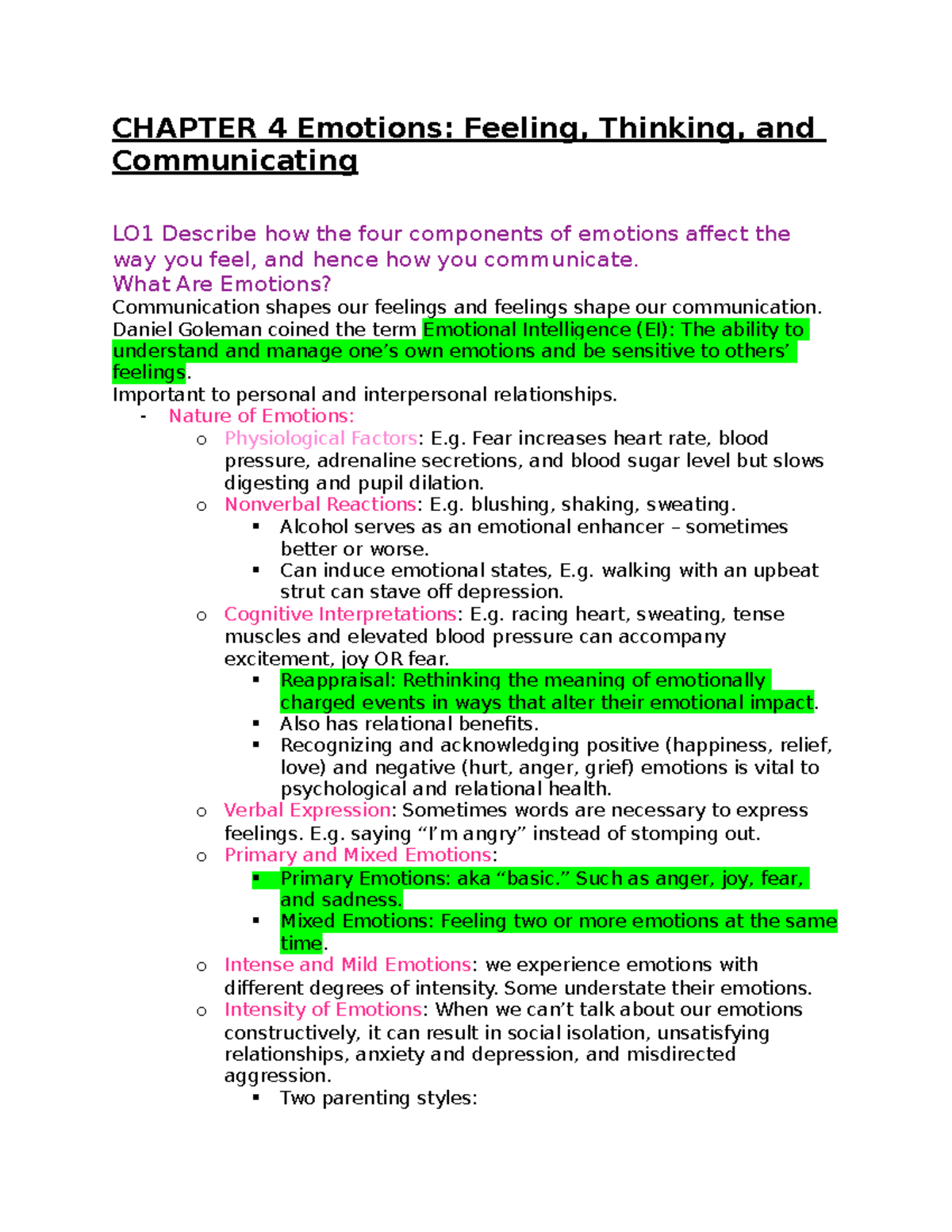 Ch 4 - Chapter summary - Looking Out, Looking In - CHAPTER 4 Emotions ...