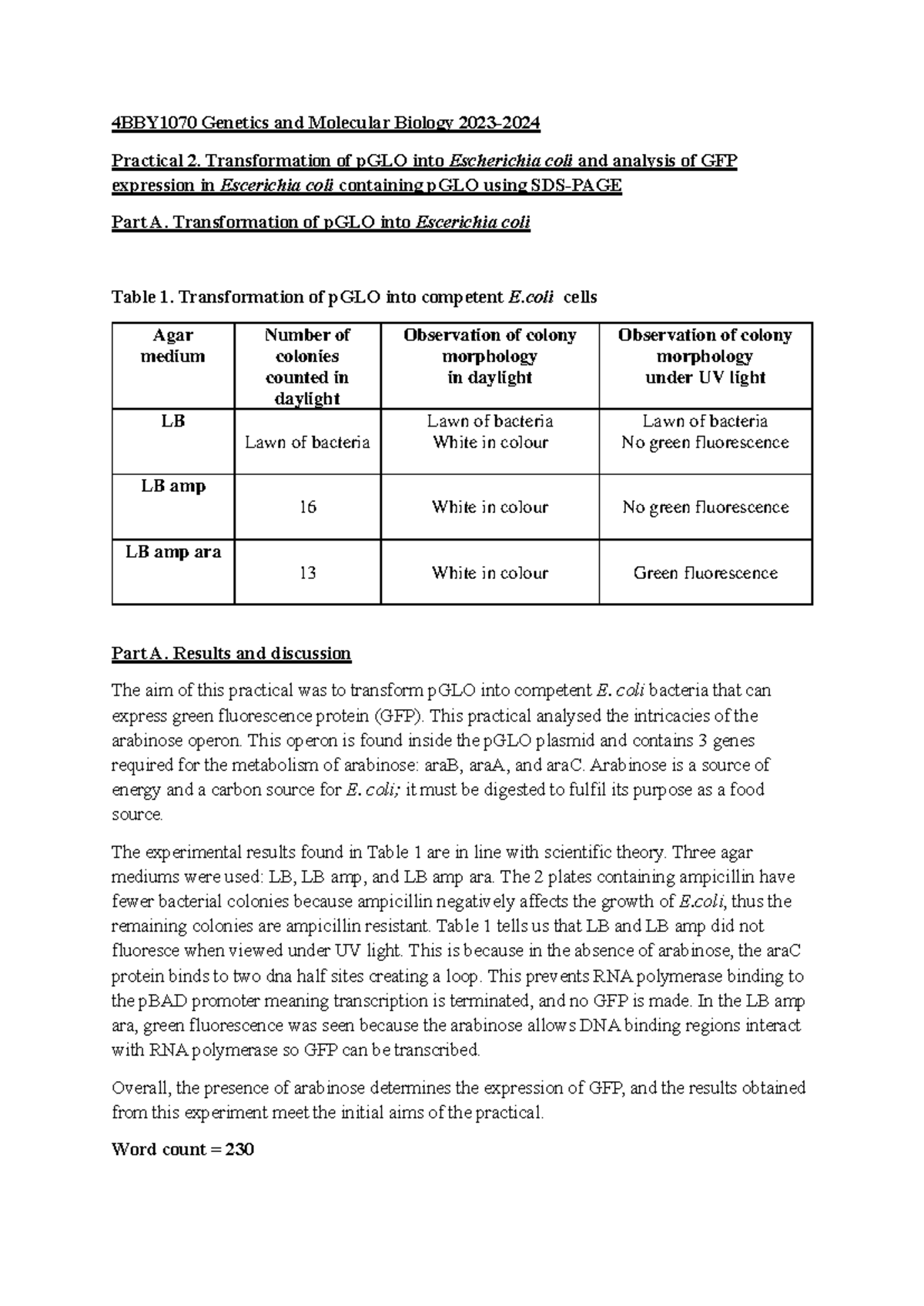 Final summative lab report - ecoli and pglo - 4BBY1070 Genetics and ...