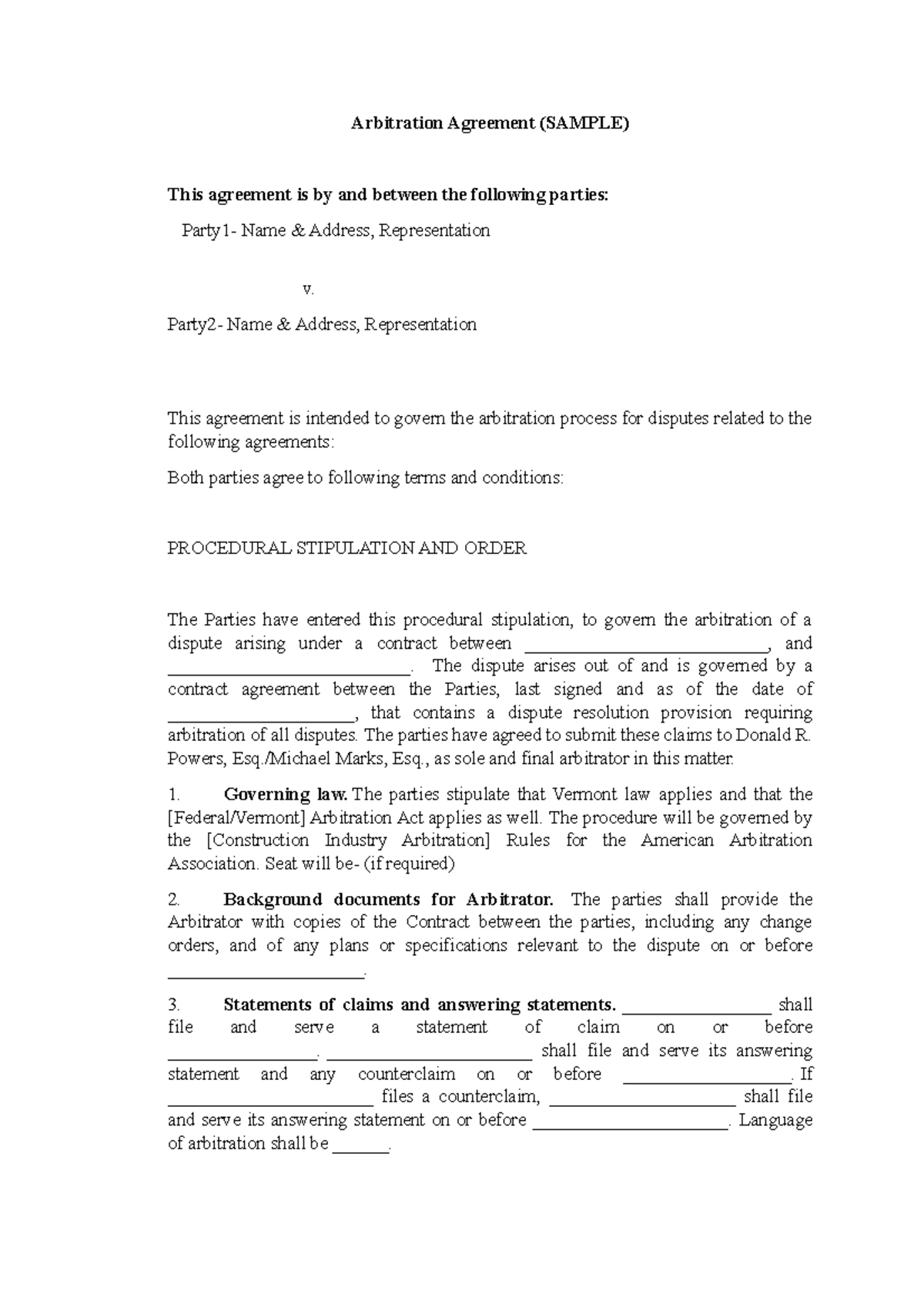 Sample Arbitration Submission Agreement - Arbitration Agreement (SAMPLE ...