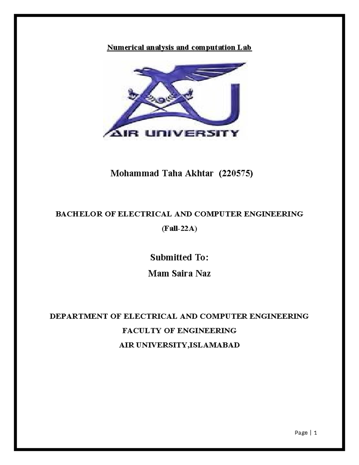 Assignment No 1 - informative content - Numerical analysis and computation Lab Mohammad Taha ...