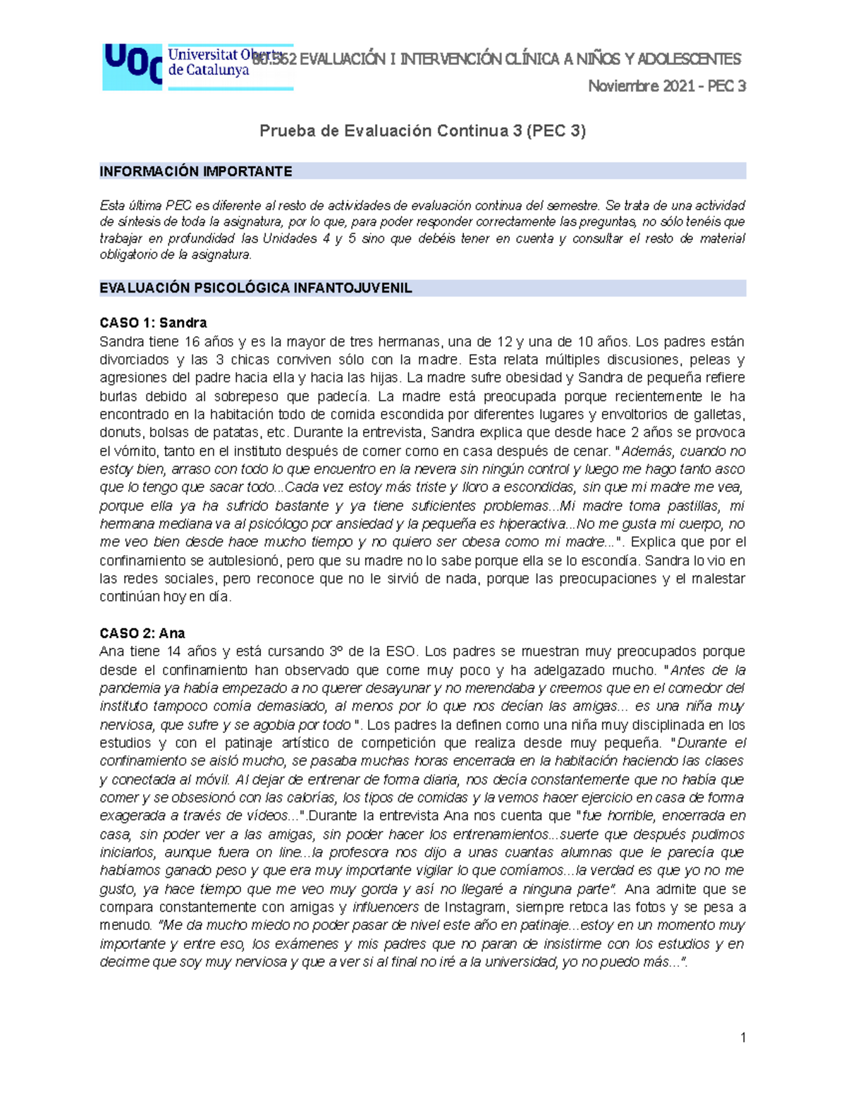 PEC3 Evaluacion infantil Semestre 1 2021 - Noviembre 2021 - PEC 3 Prueba de Evaluación Continua ...