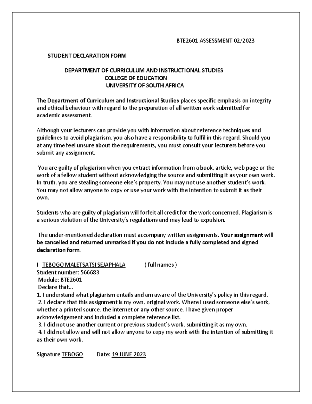 BTE2601 Assignment 2 - BTE2601 ASSESSMENT 02/ STUDENT DECLARATION FORM ...