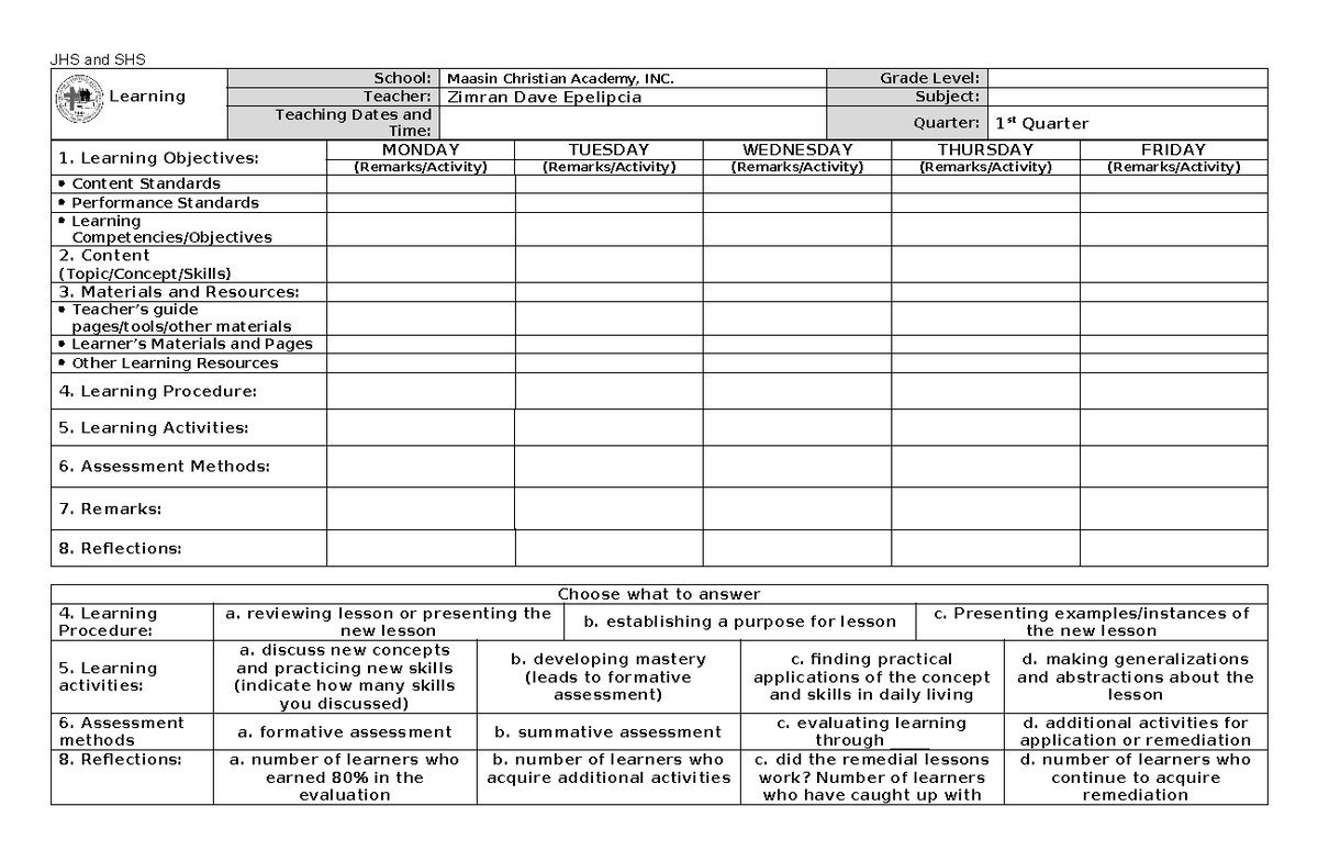 DLL- template final - any - JHS and SHS Learning Plan School: Maasin ...