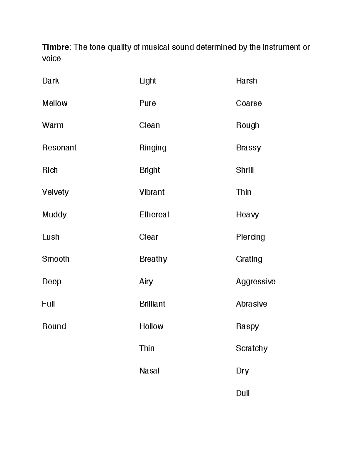 Elements of Music Exercise and definitions - Timbre: The tone quality ...