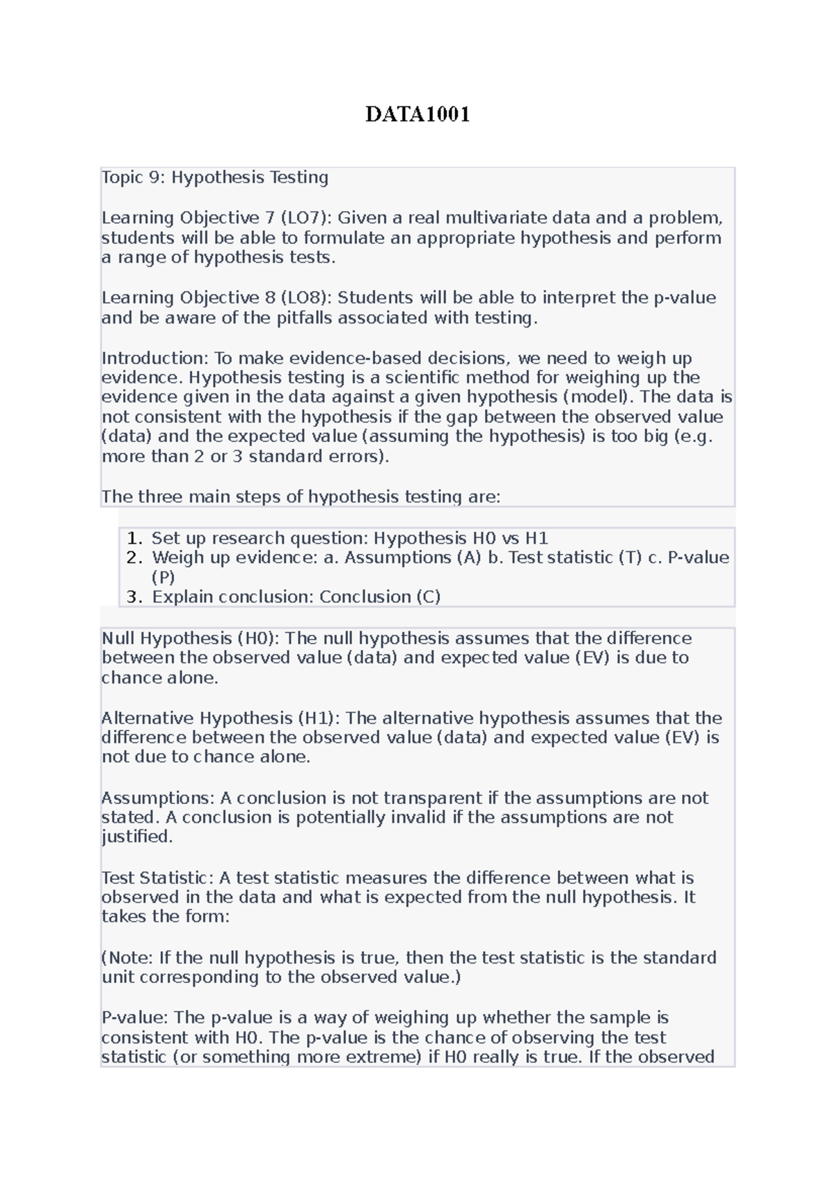DATA1001 Topic 9 notes - DATA Topic 9: Hypothesis Testing Learning ...