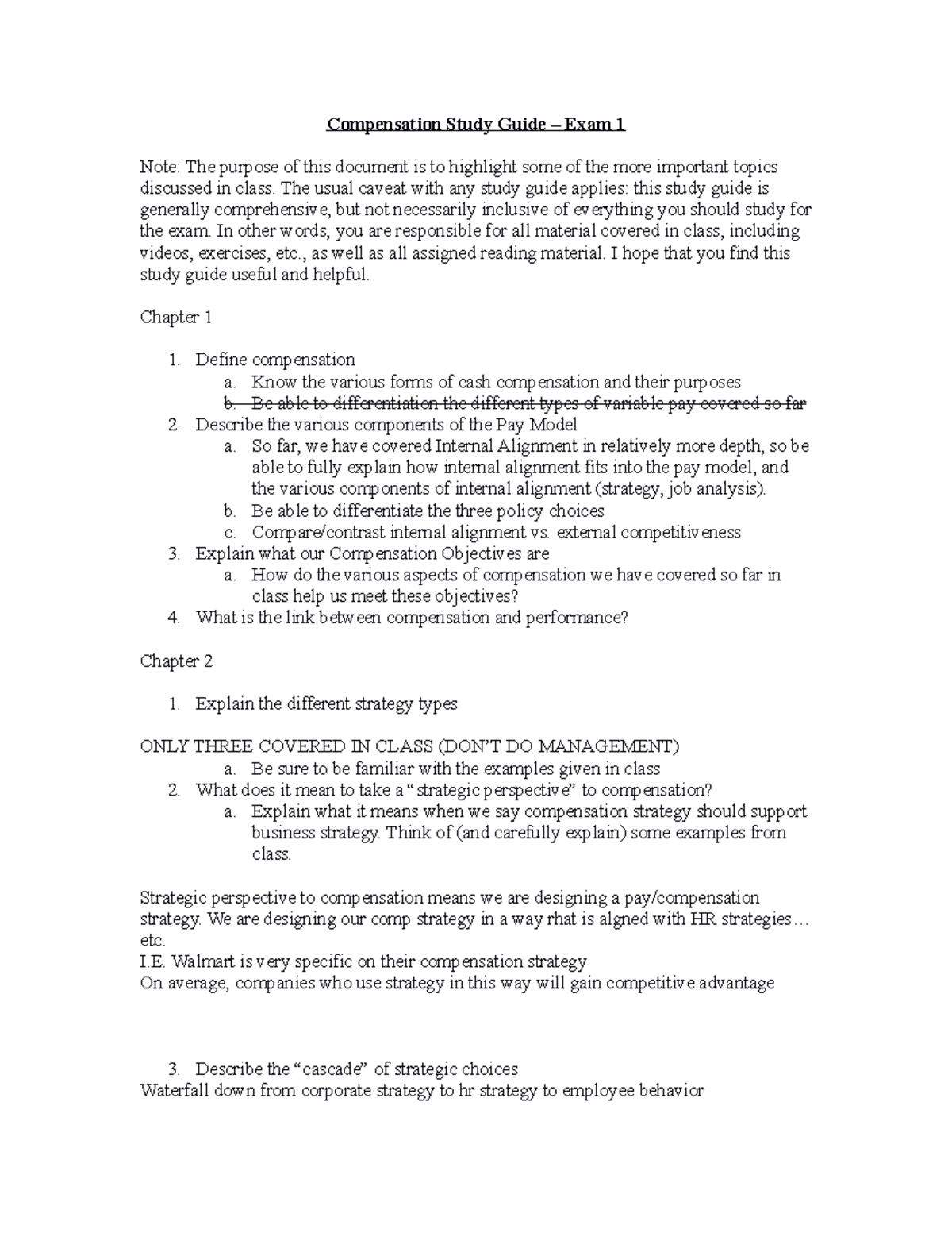 Comp Exam I Study Guide - Compensation Study Guide – Exam 1 Note: The ...
