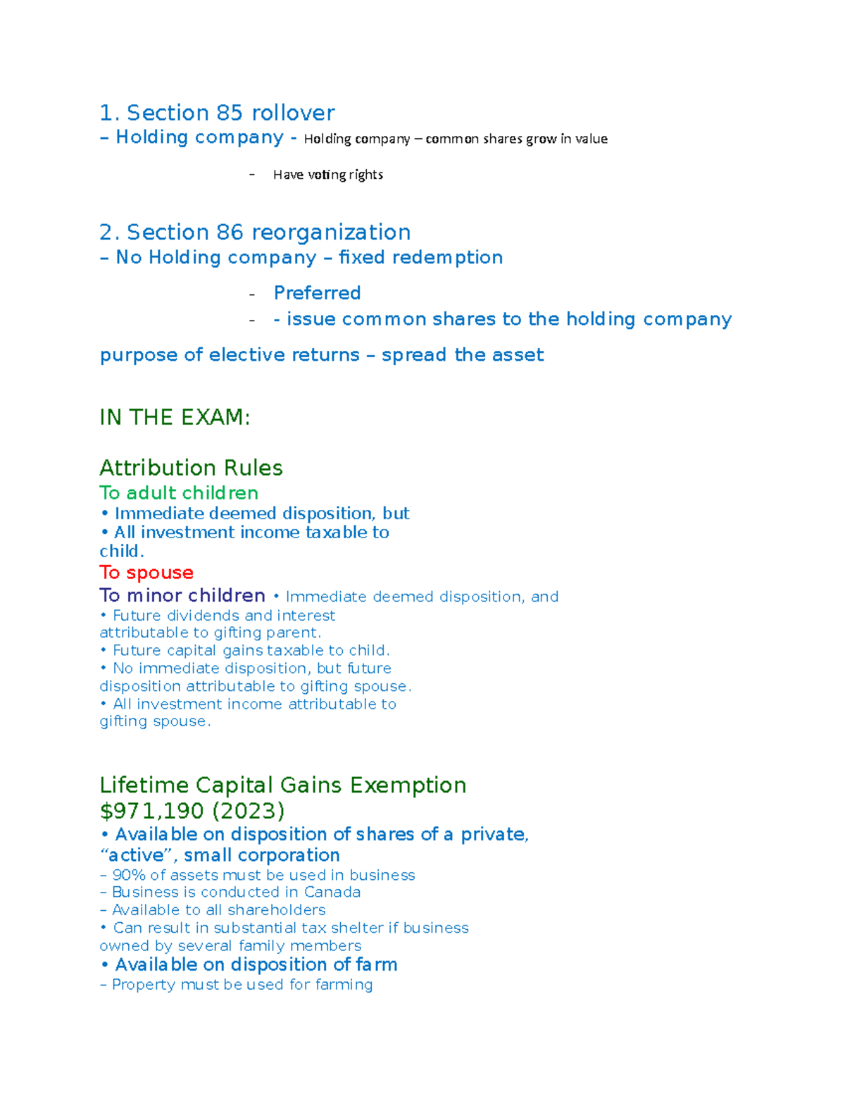 Week 6- Lecture Notes - 1. Section 85 rollover – Holding company ...