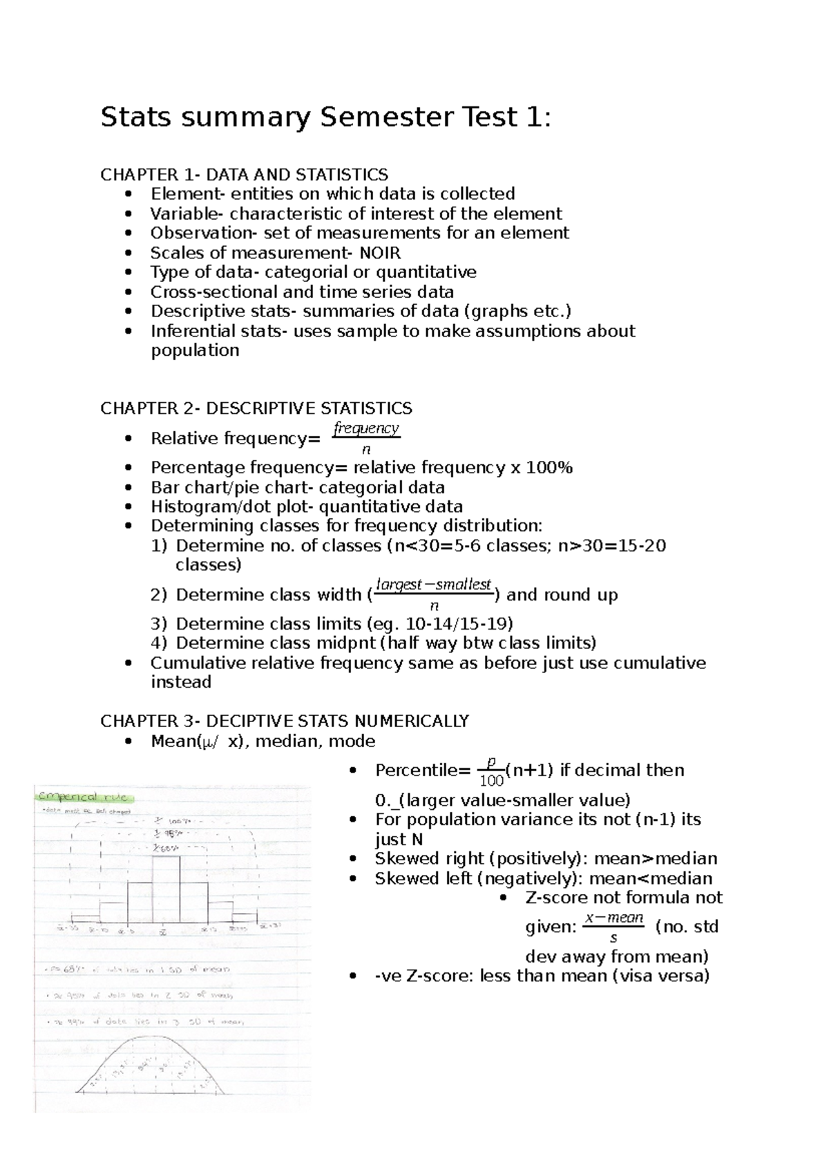 Stats (CH1-CH6) summary - Stats summary Semester Test 1: CHAPTER 1 ...