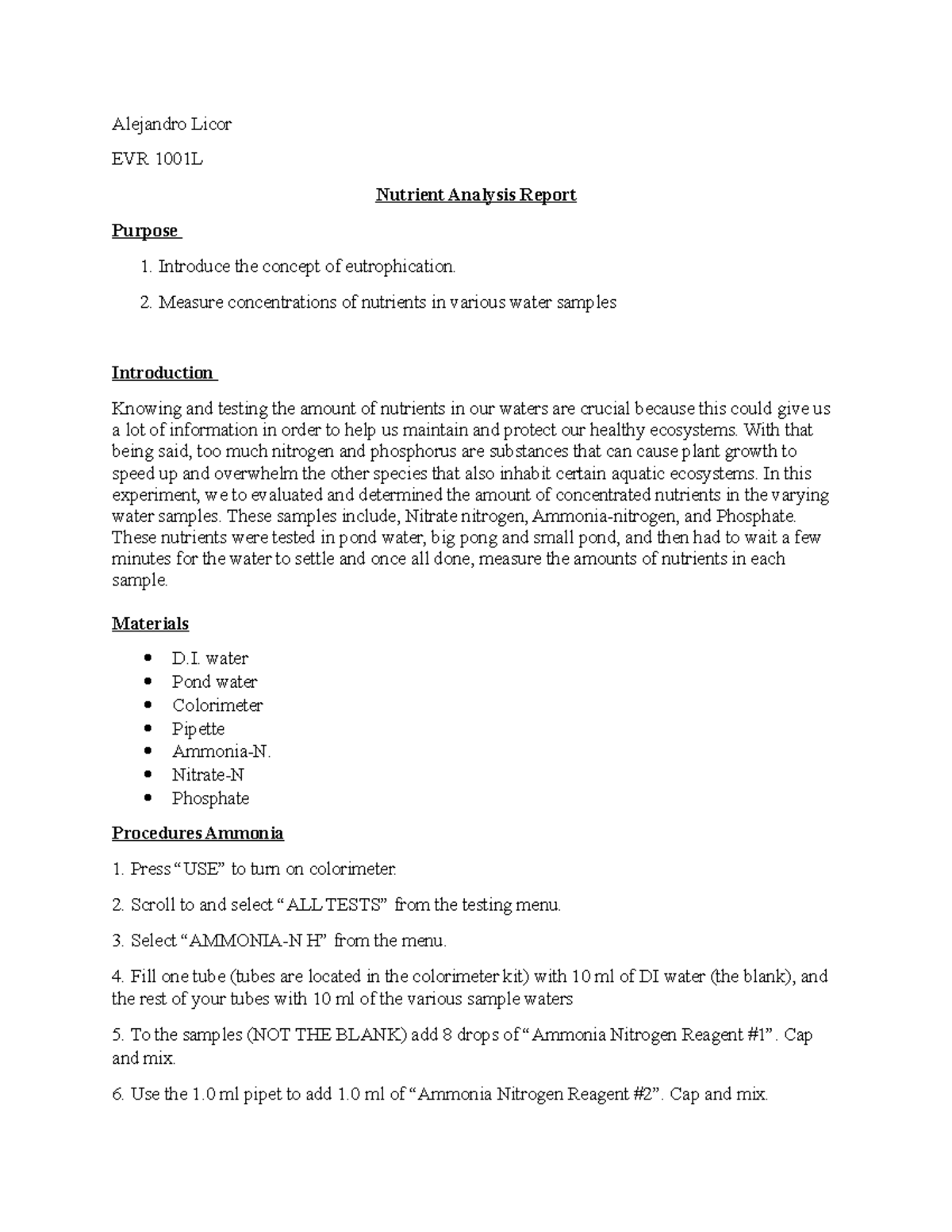 Nutrient Anal Lab - Lab report - Alejandro Licor EVR 1001L Nutrient ...