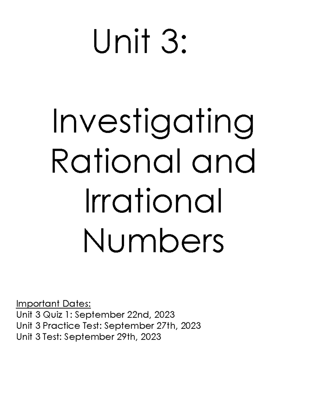 Updated Unit 3 Student Note Packet - Unit 3 : Investigating Rational ...