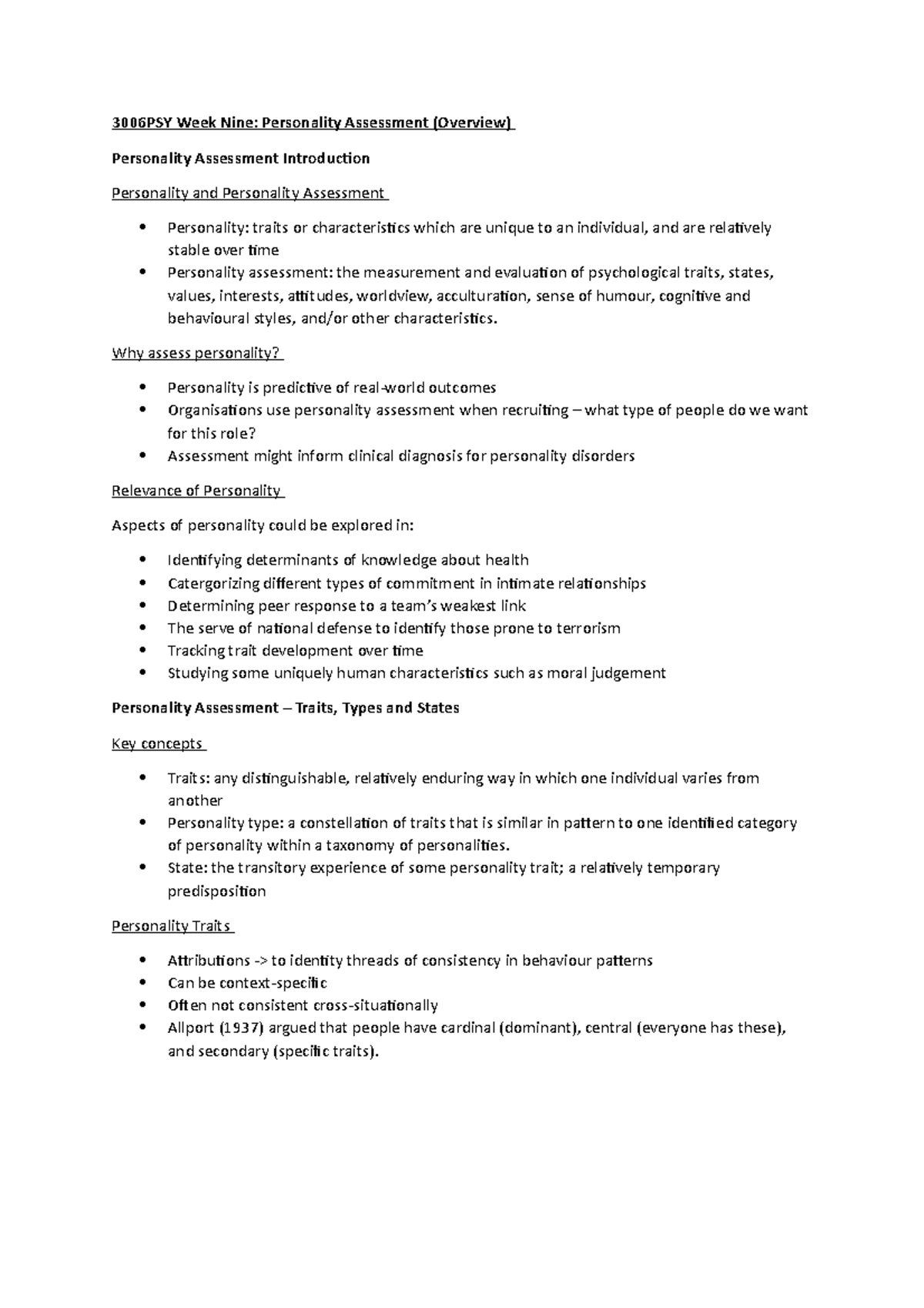 3006PSY Week 9 - Lecture notes - 3006PSY Week Nine: Personality ...