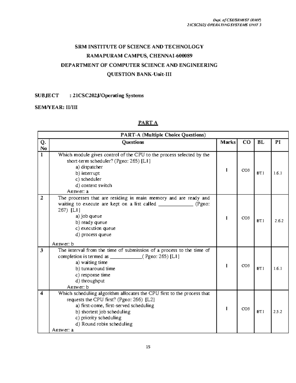 OS Unit 3 QB - assessment - 21CSC202J OPERATING SYSTEMS UNIT 3 SRM INSTITUTE OF SCIENCE AND ...