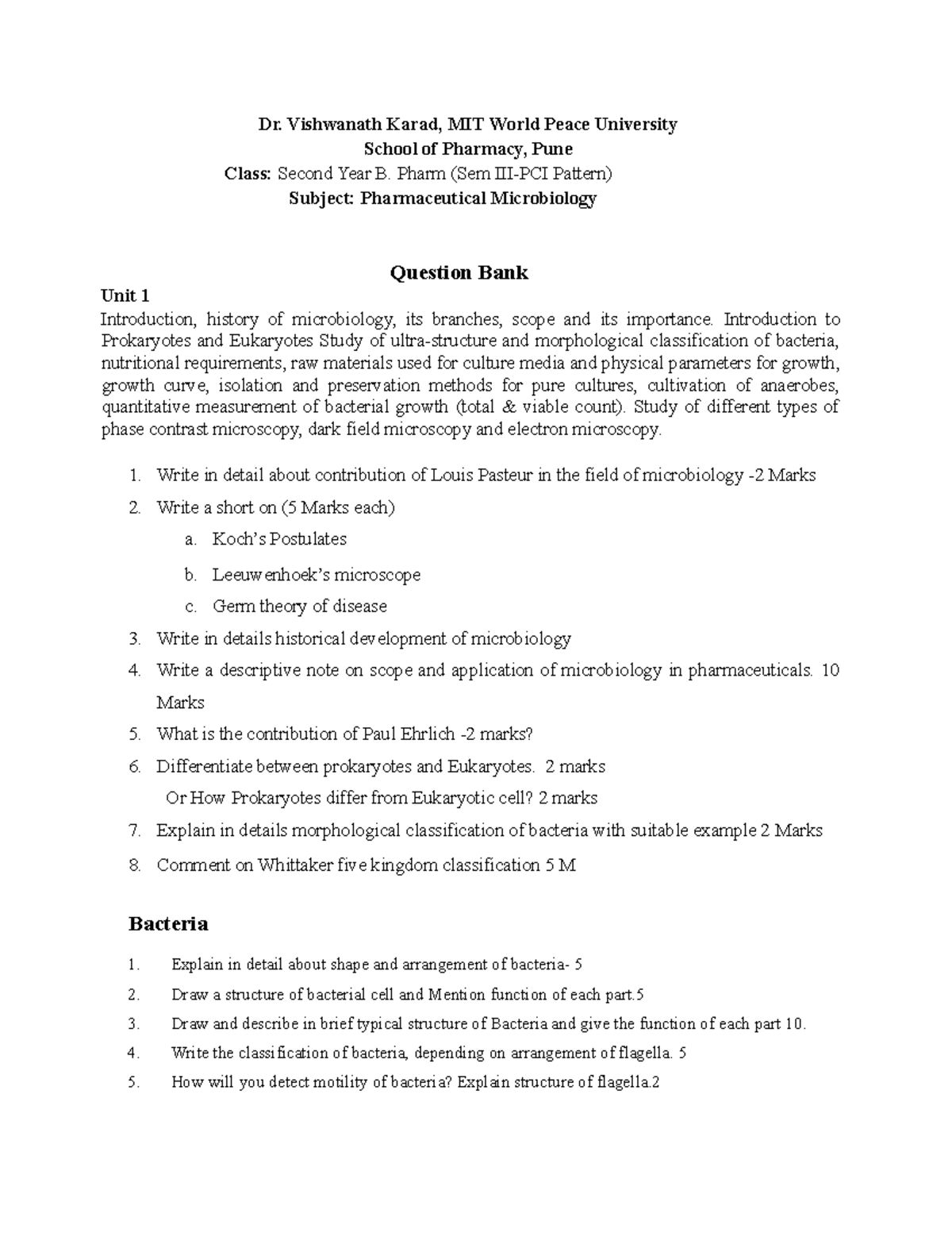 29th Dec 2022 Question bank of Pharm Microbiology - Dr. Vishwanath ...