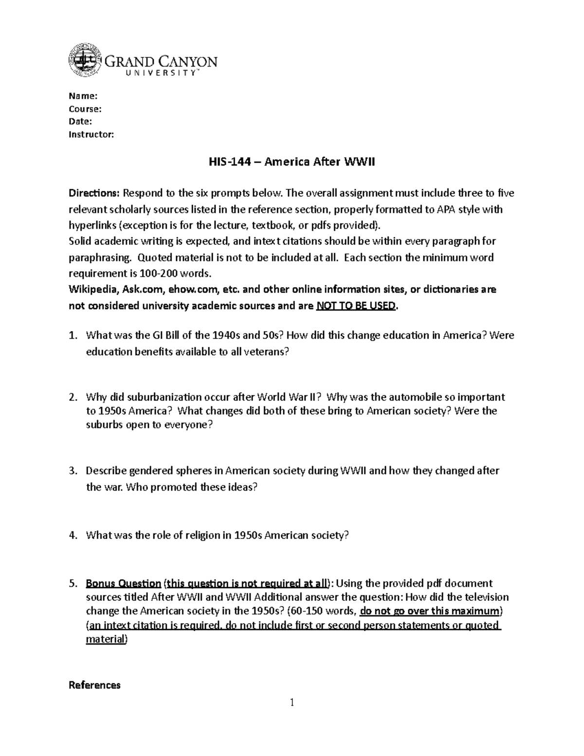 Topic 5 Adjusted Worksheet - Name: Course: Date: Instructor: HIS-144 ...