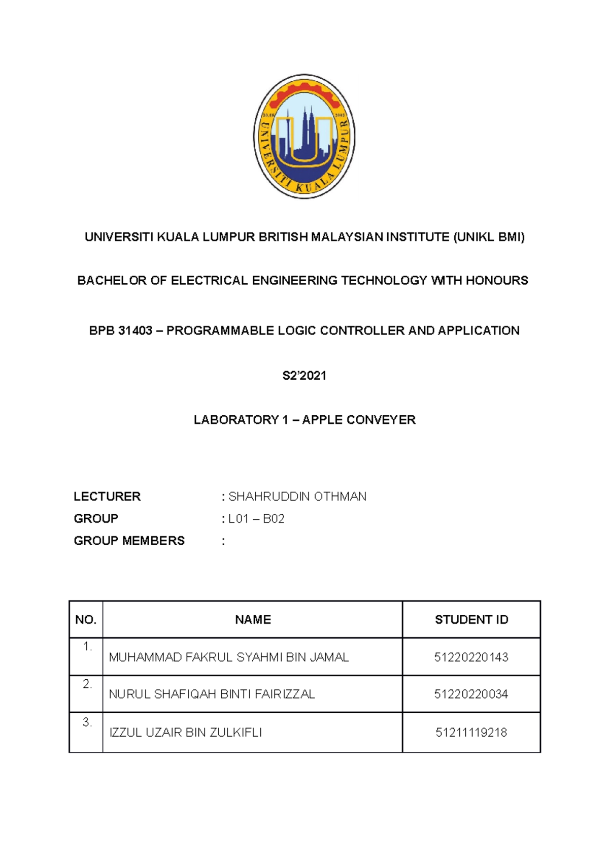 LAB 1 PLC (1) cth - Huhu - UNIVERSITI KUALA LUMPUR BRITISH MALAYSIAN ...
