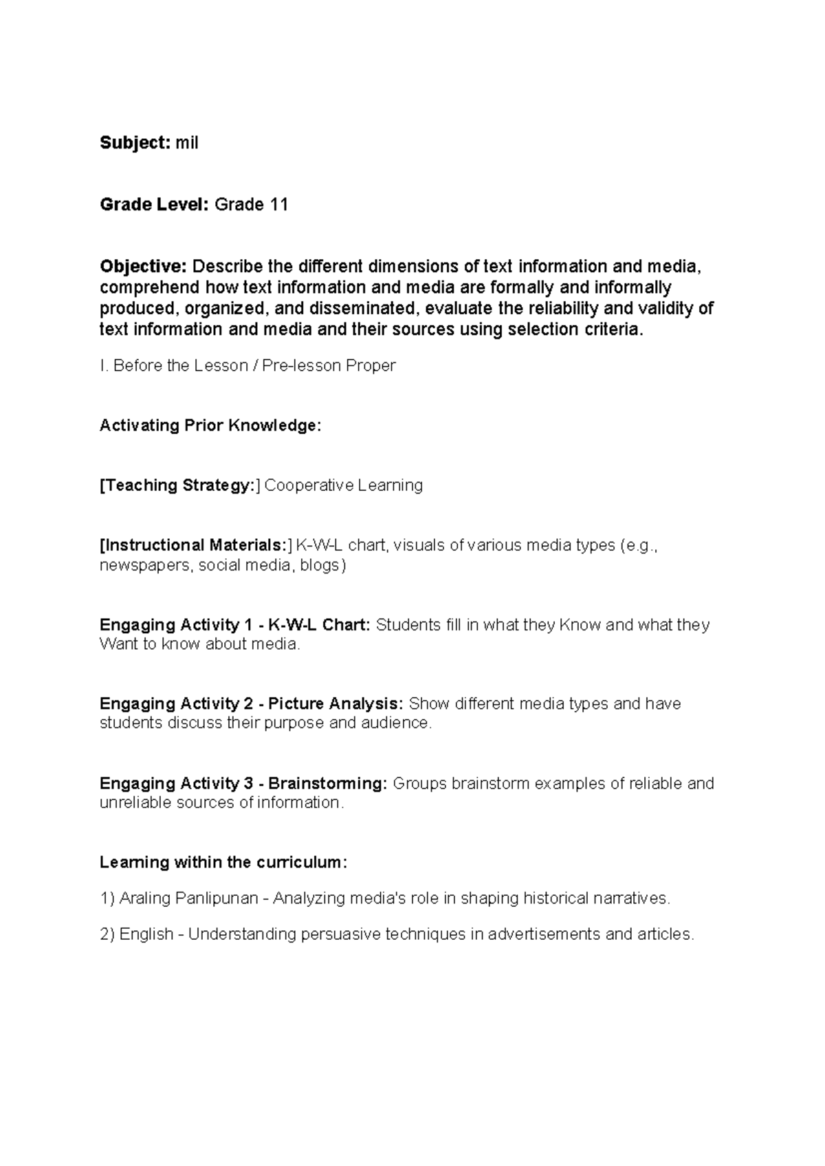 Lesson plan - ENJOY - Subject: mil Grade Level: Grade 11 Objective ...