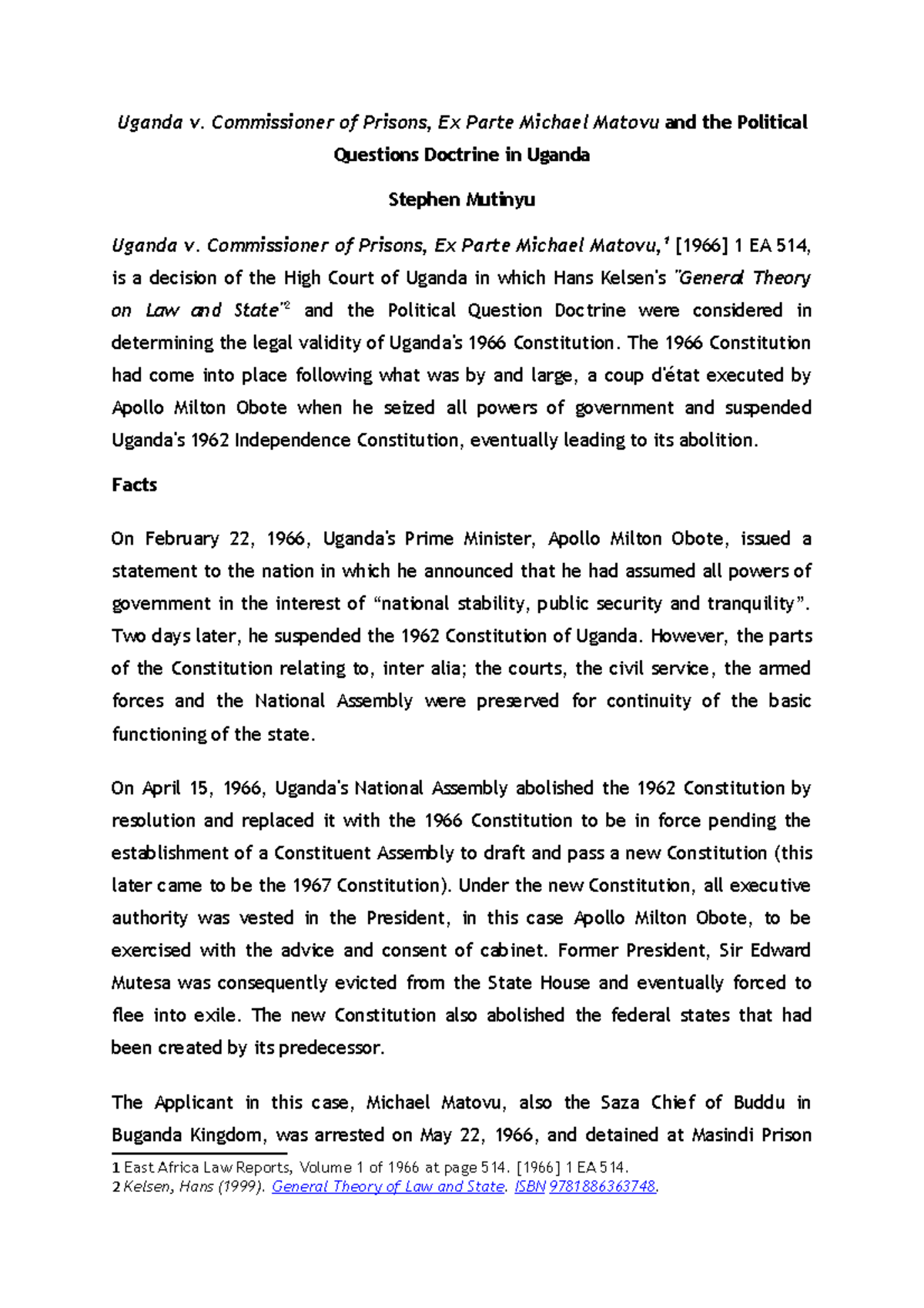 The Political Questions Doctrine in Uganda - Uganda v. Commissioner of ...