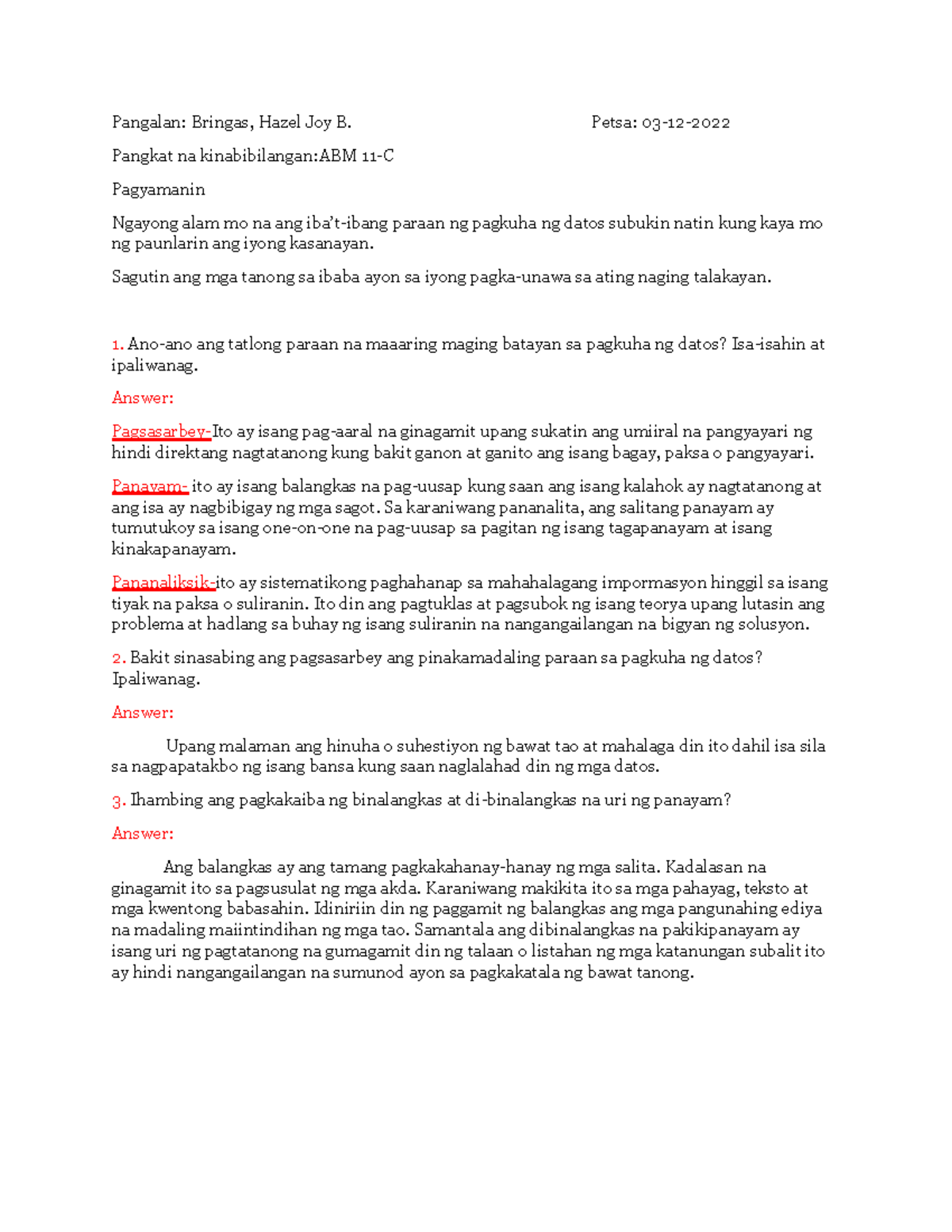 Aralin 6 Pagyamanin - AP LESSON - Pangalan: Bringas, Hazel Joy B. Petsa: 03-12- Pangkat na - Studocu