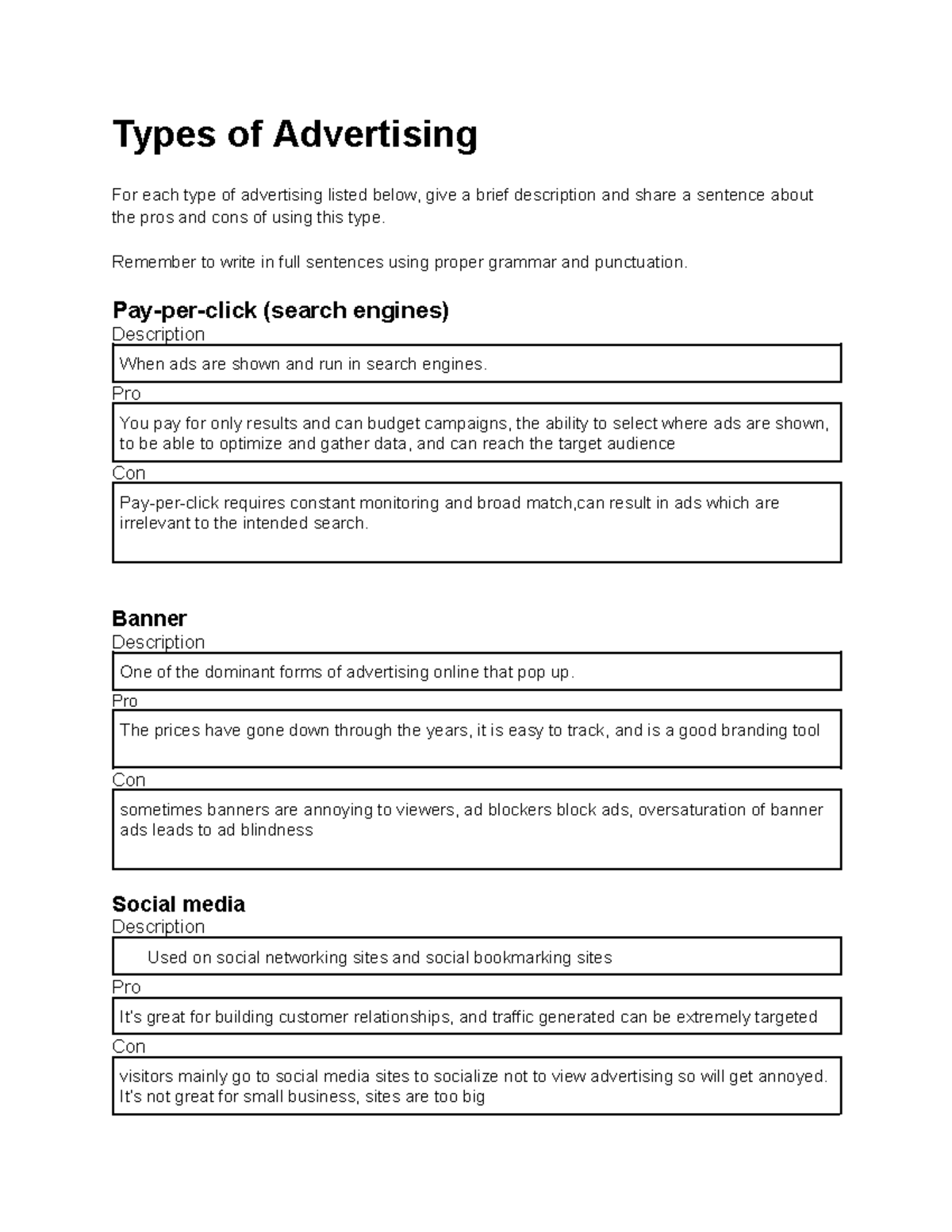 Types of Advertising - Remember to write in full sentences using proper ...