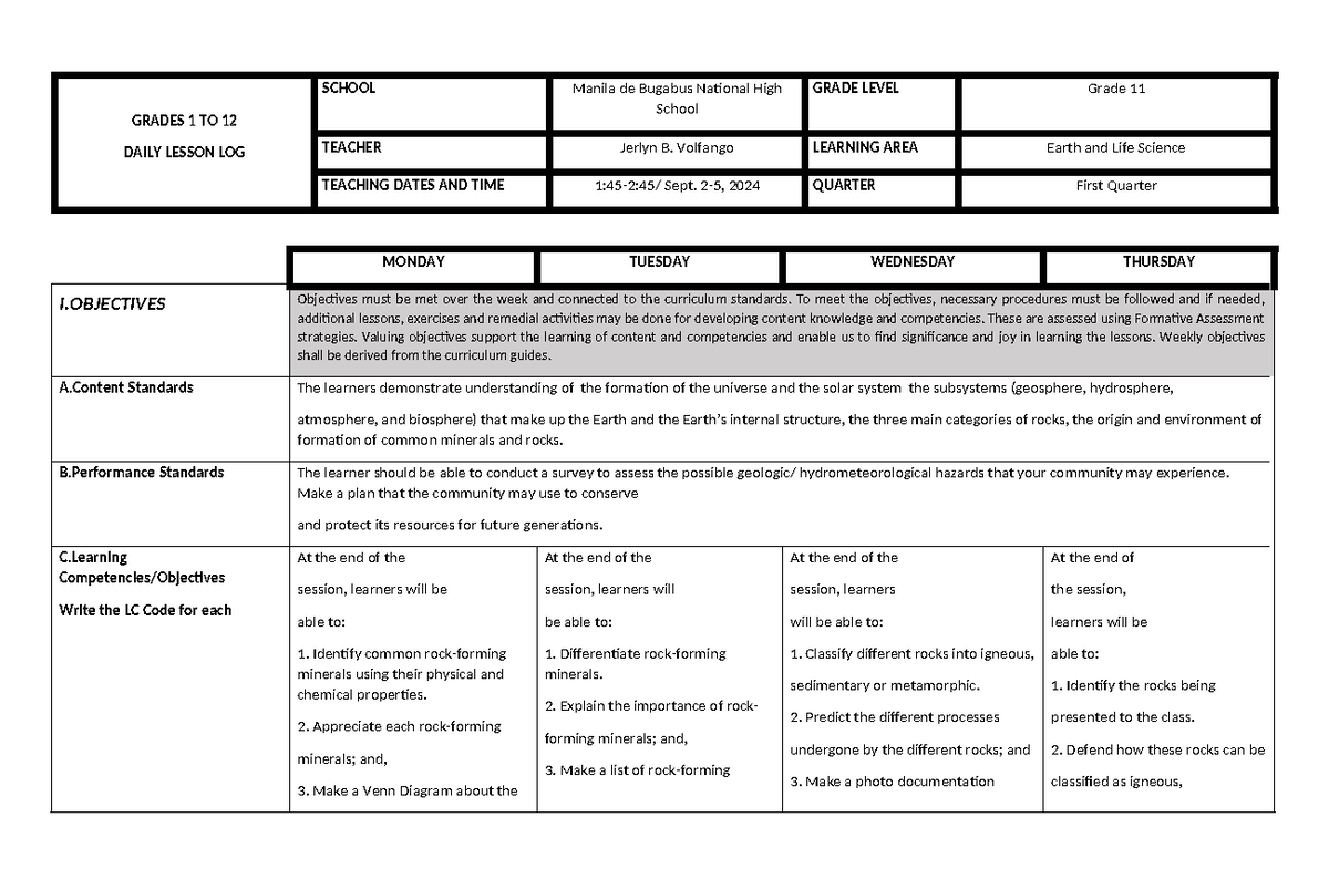 DLL Earth AND LIFE Science - GRADES 1 TO 12 DAILY LESSON LOG SCHOOL ...