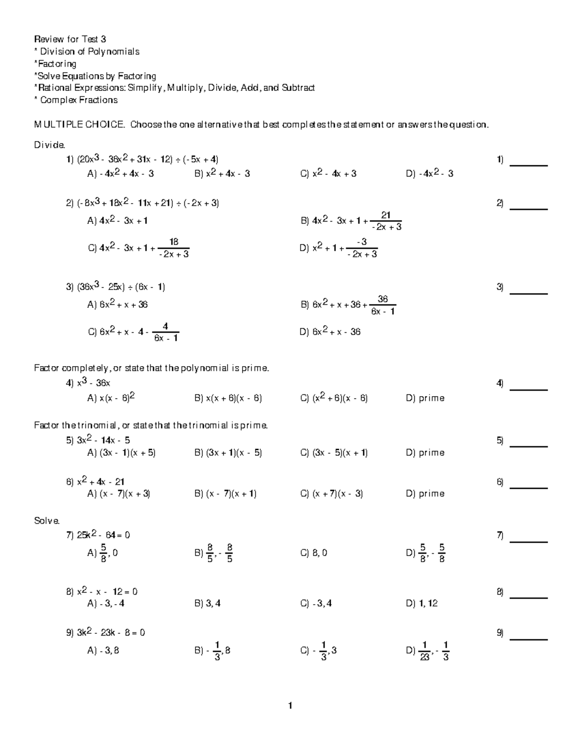 Test 3 review Practice Material MAT 1033 Intermediate Algebra Review