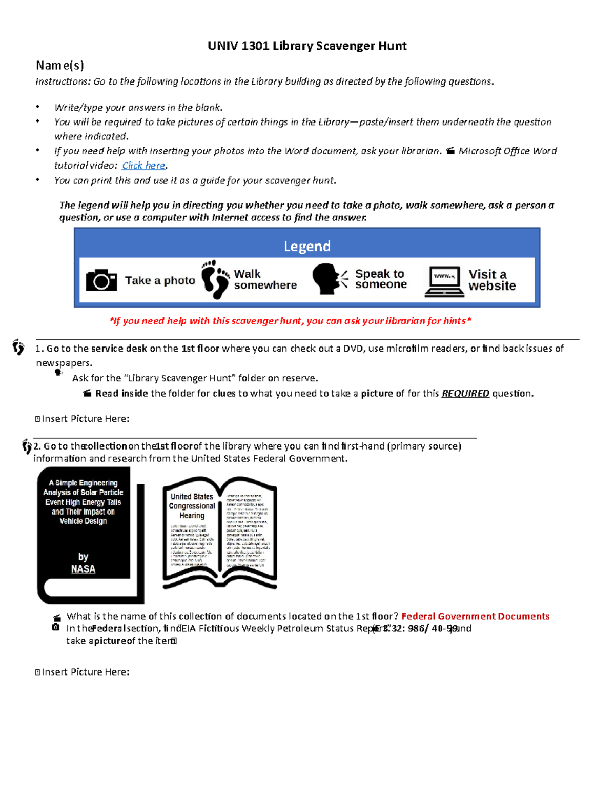 Scavenger Hunt Fall 2019 OG - UNIV 1301 Library Scavenger Hunt Name(s ...