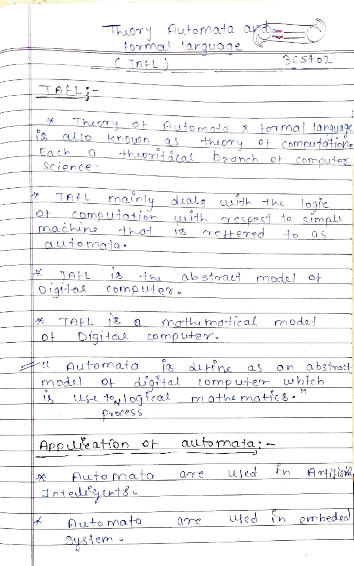 Tafl unit 1 - tafl unit 1 - Theory Automata and Date Page formal language ( TAHL) BCSt02 TAFL ...