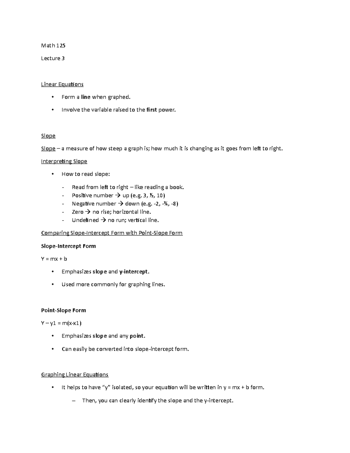 Math 125 Lecture 3 - Math 125 Lecture 3 Linear Equations Form a line ...