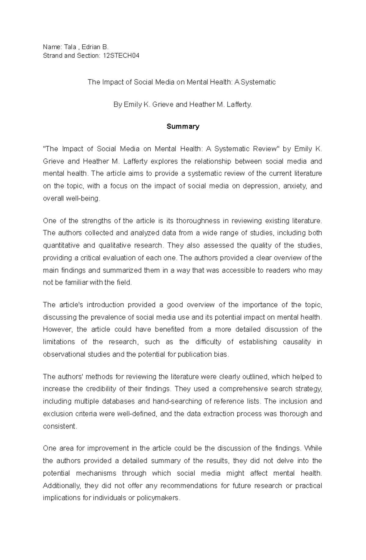 Sample-Journal-Critique - Name: Tala , Edrian B. Strand and Section ...