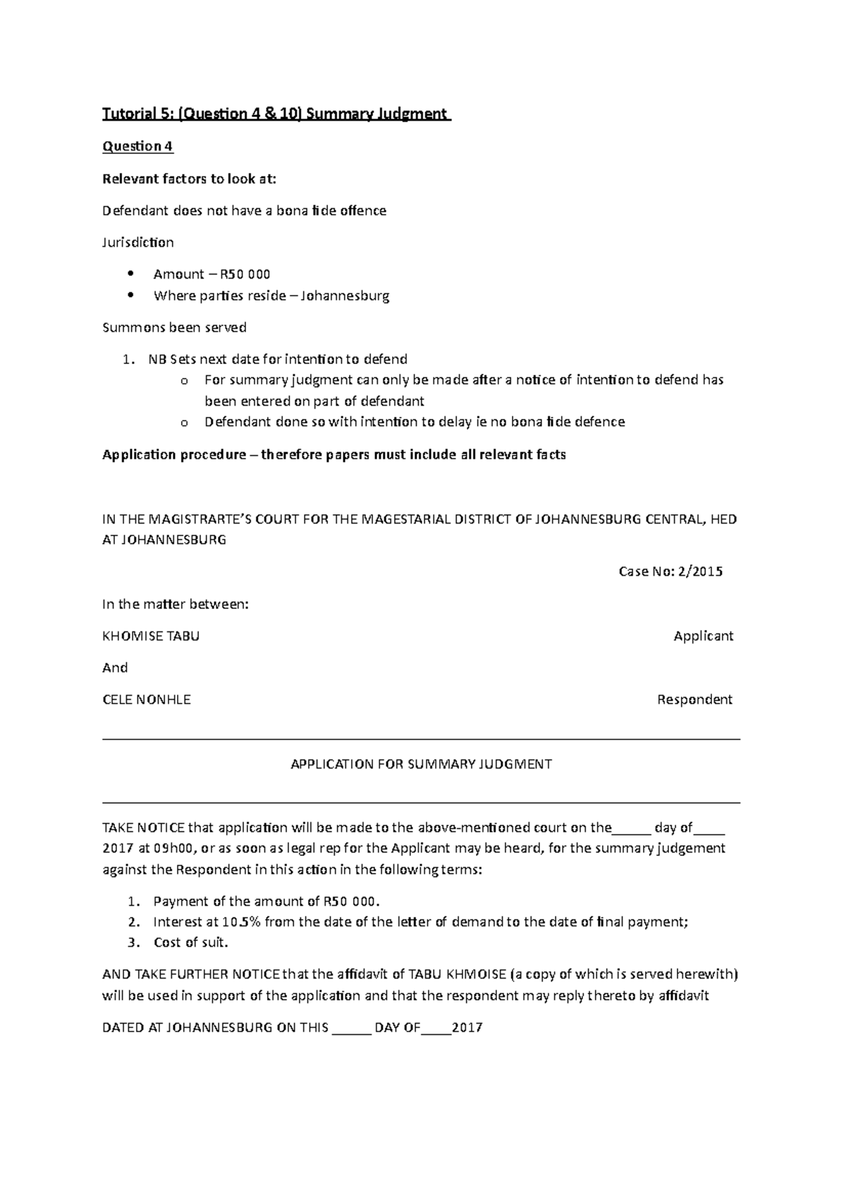 Tutorial 5 - Summary Judgment and Notices - Tutorial 5: (Question 4 ...