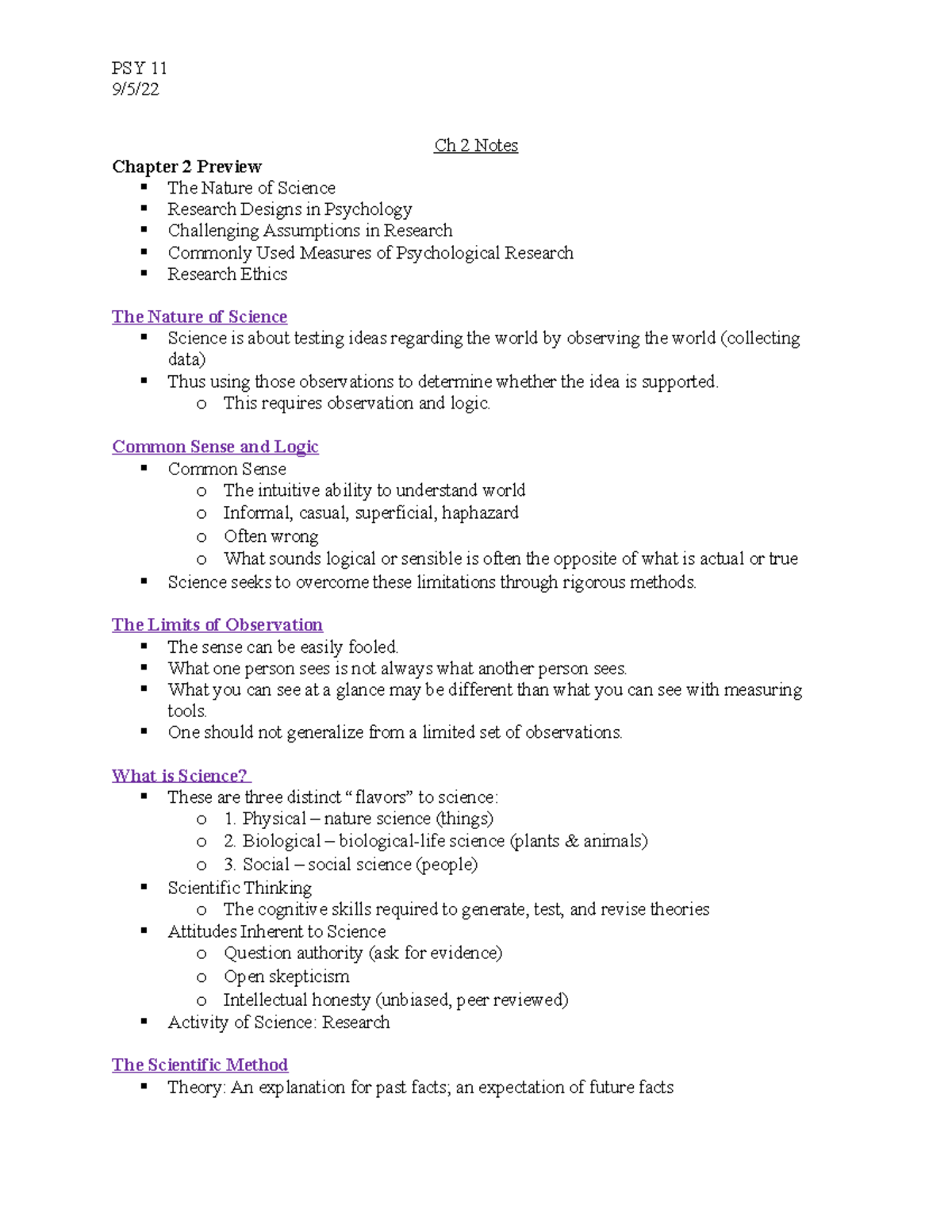 PSY 11 - Ch 2 Notes - Dr. Shelley - PSY 11 9/5/ Ch 2 Notes Chapter 2 ...