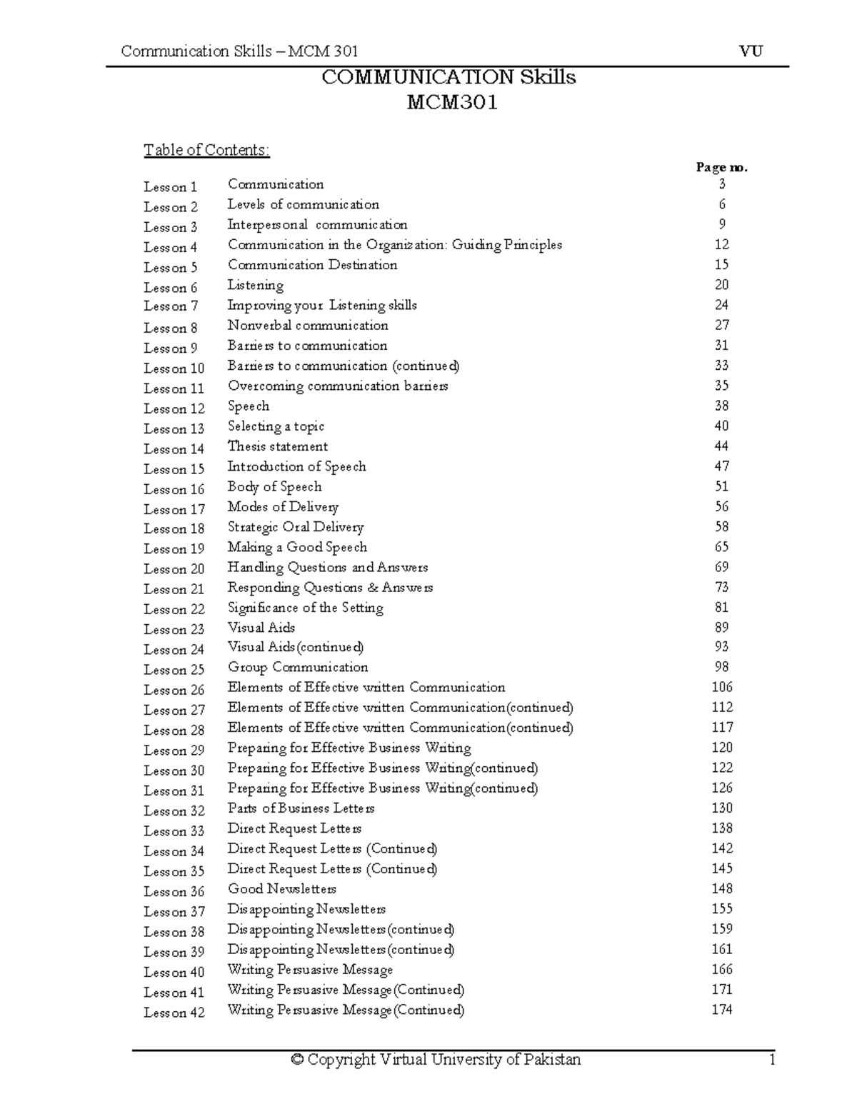 Communication Skills - MCM301 - COMMUNICATION Skills Table of Contents: MCM Lesson 1 ...