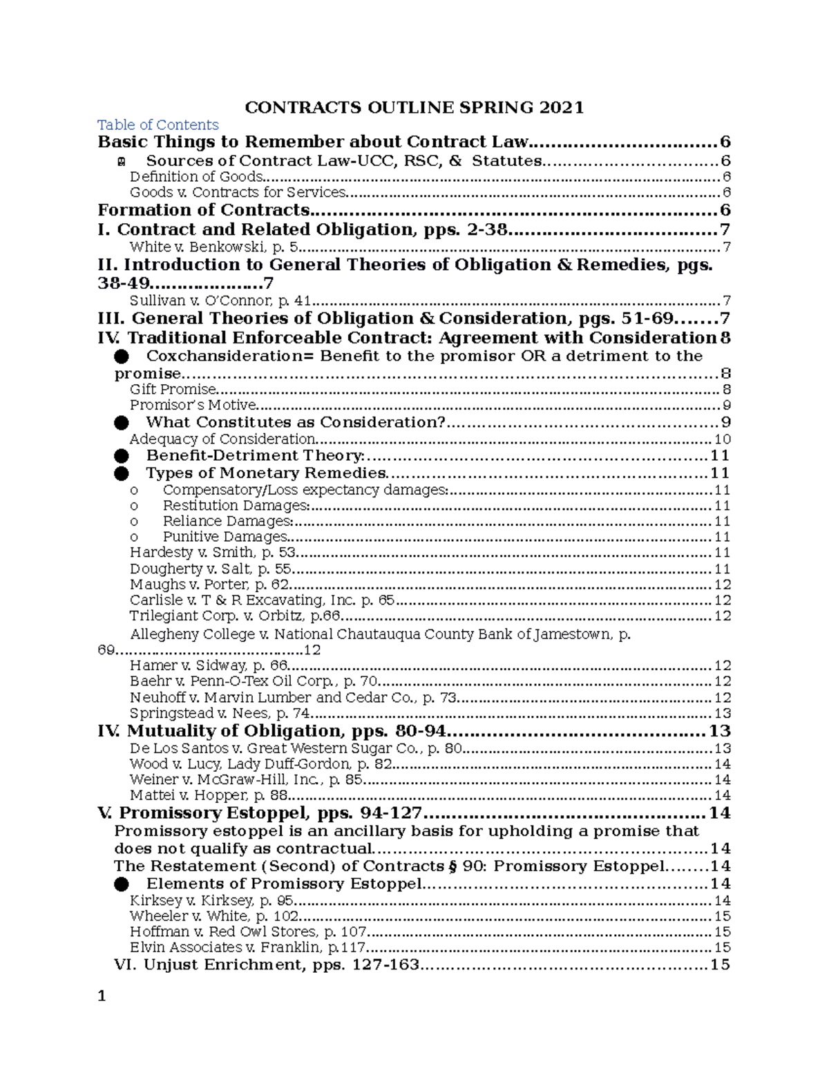 Contracts Outline Spring 2021 - Table of Contents - CONTRACTS OUTLINE ...
