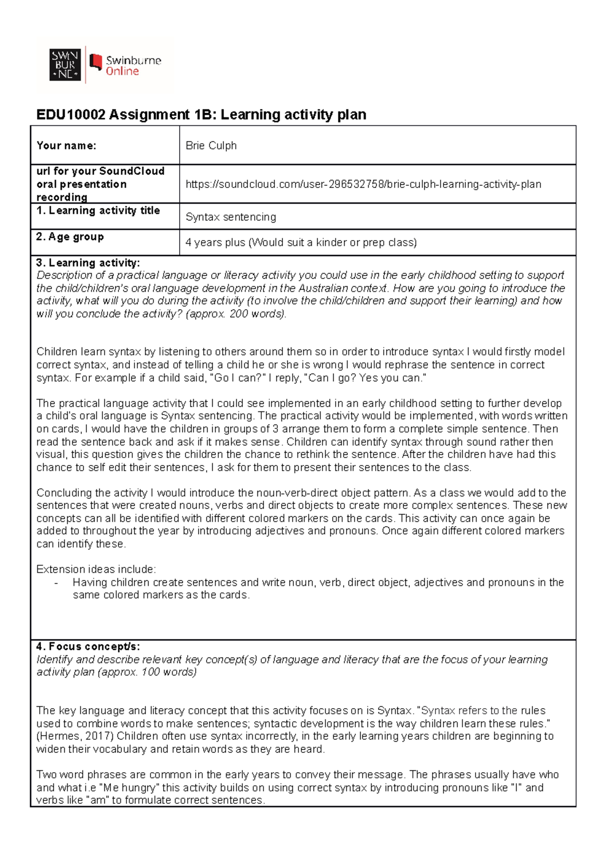 EDU10002 Assignment 1B - Learning activity title 2. Age group Brie ...