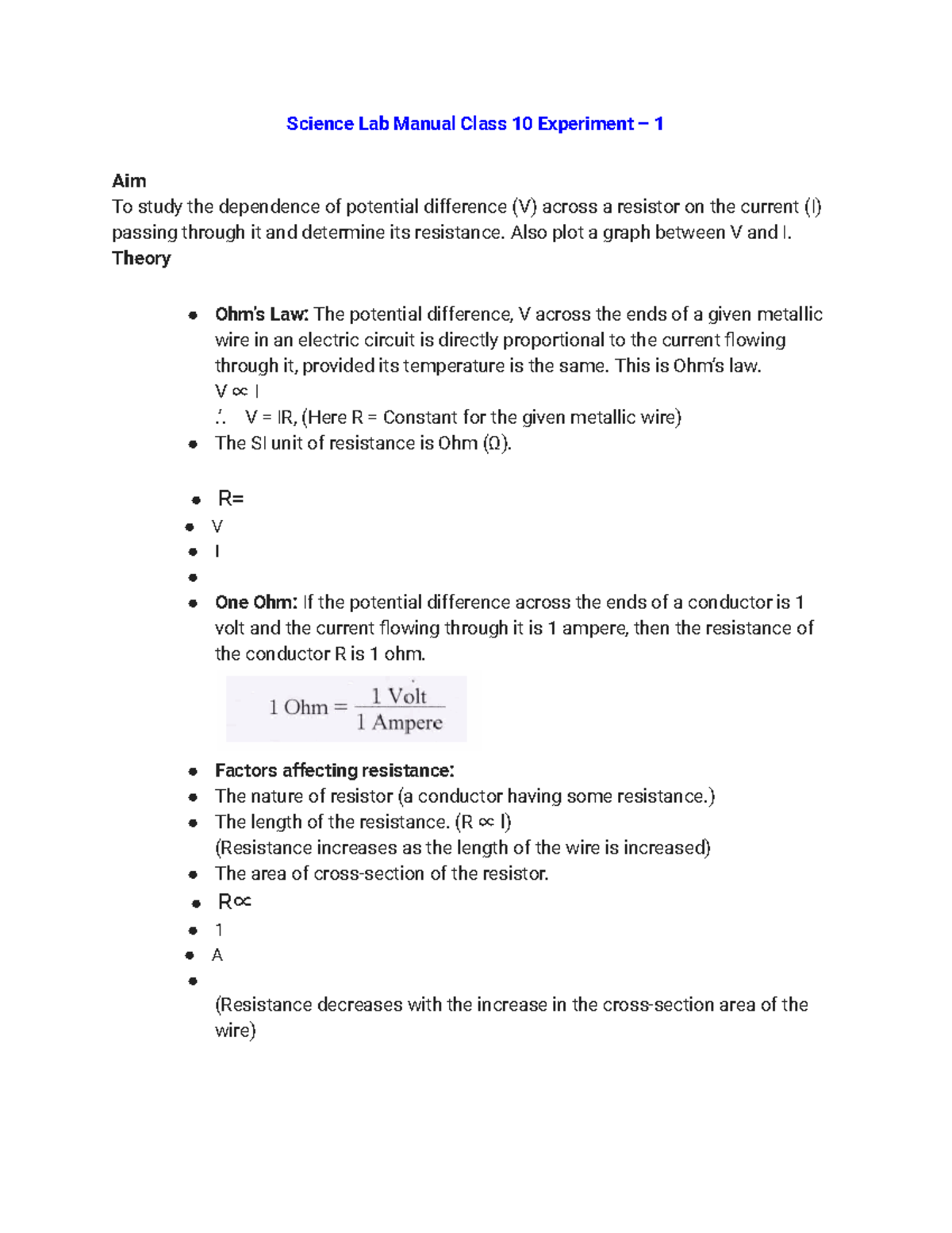 Science Lab Manual Class 10 Experiments Physics - Science Lab Manual Class 10 Experiment – 1 Aim ...