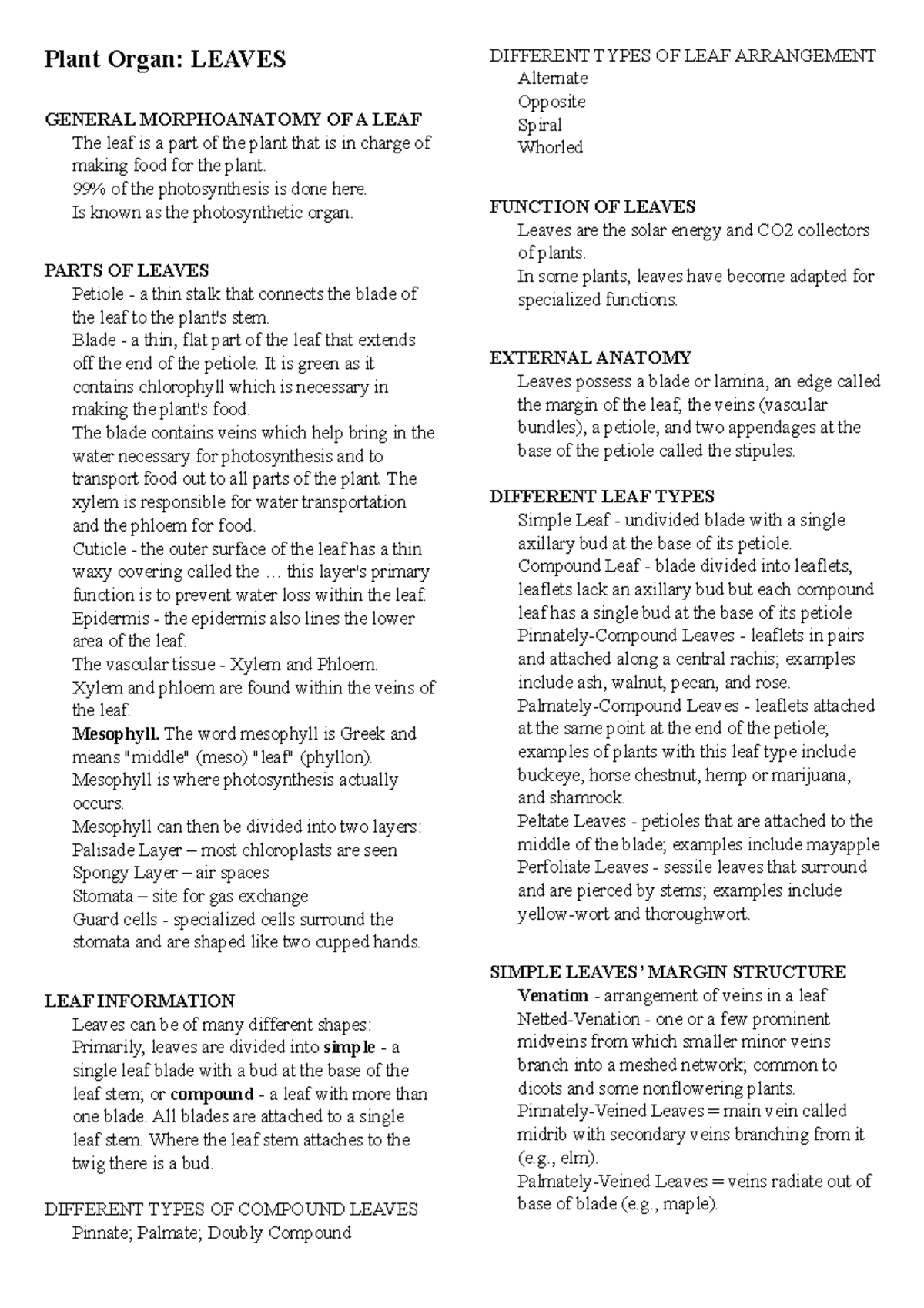 Botany Leaves - Plant Organ: LEAVES GENERAL MORPHOANATOMY OF A LEAF The ...